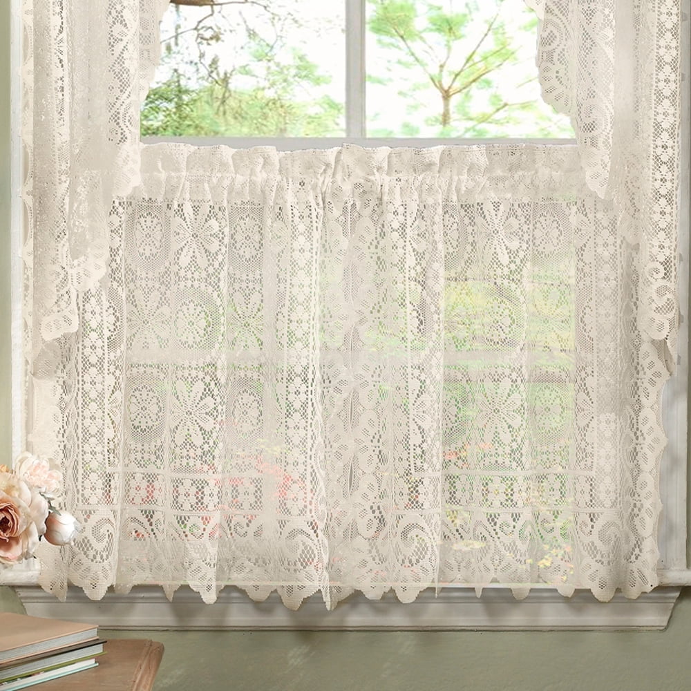 "Hopewell Heavy Floral Cream Lace Kitchen Window Curtain 36"" Tier Pair ...