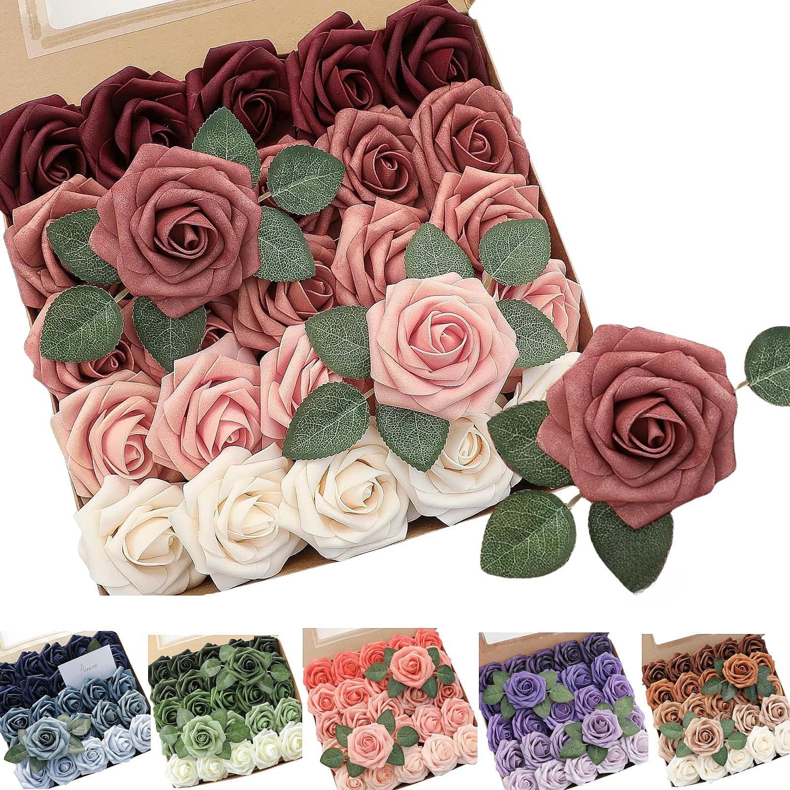 Hoppin Gee 25Pcs Red Artificial Flowers Foam Gift Box Roses with Stems ...