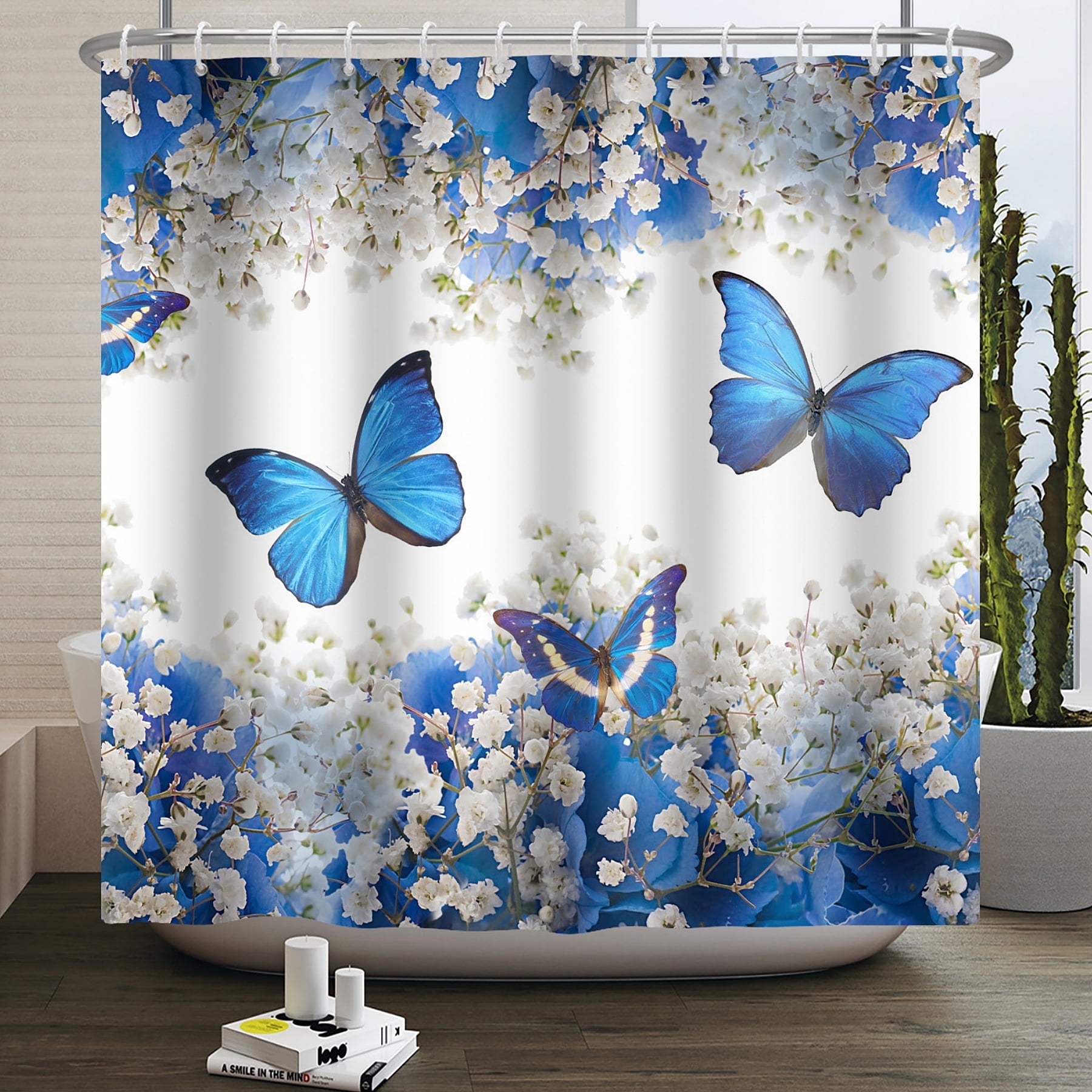 Hoppin Gee Blue Butterfly Flower Shower Curtain,72“ x 72” with 12 Hooks ...