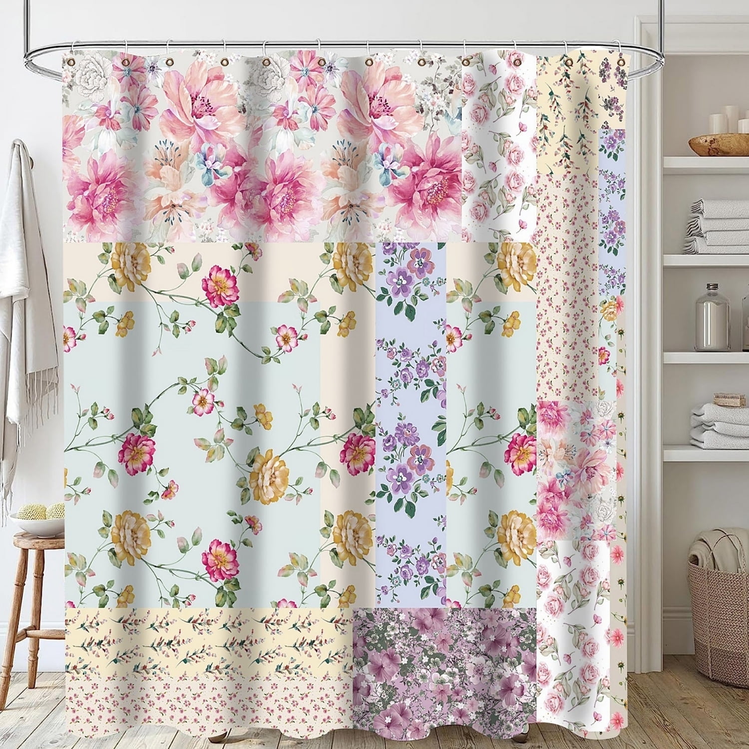 Hoppin Gee Boho Patchwork Floral Shower Curtain,72“ x 72” with 12 Hooks ...