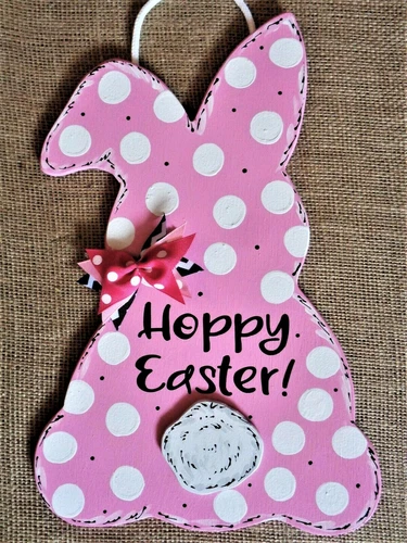 Hoppy Easter Rabbit Bunny Sign Door Wall Art Plaque Hanger Hanging ...
