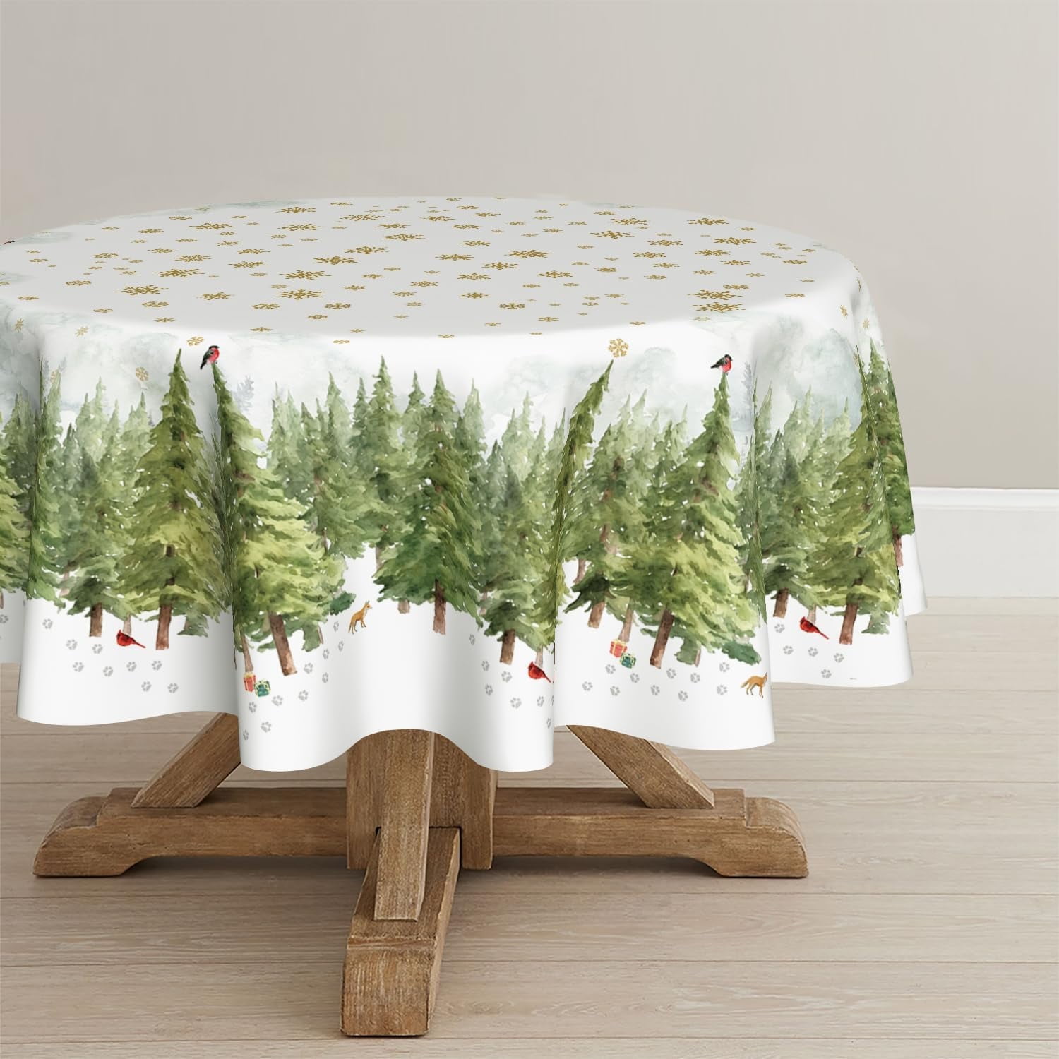 Horaldaily Christmas Tablecloth 60×60 Inch Round, Golden Snow Trees ...