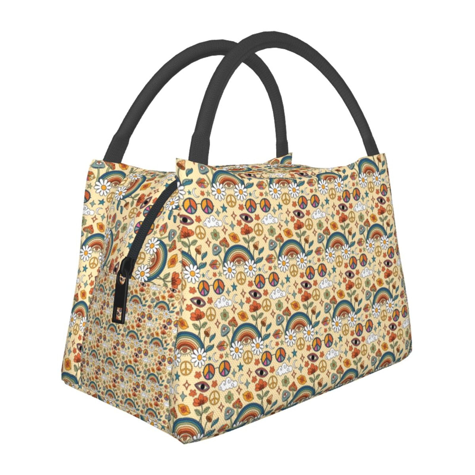 Horeoi 70s Hippie Style Pattern Portable Insulation Bag for Work Picnic ...