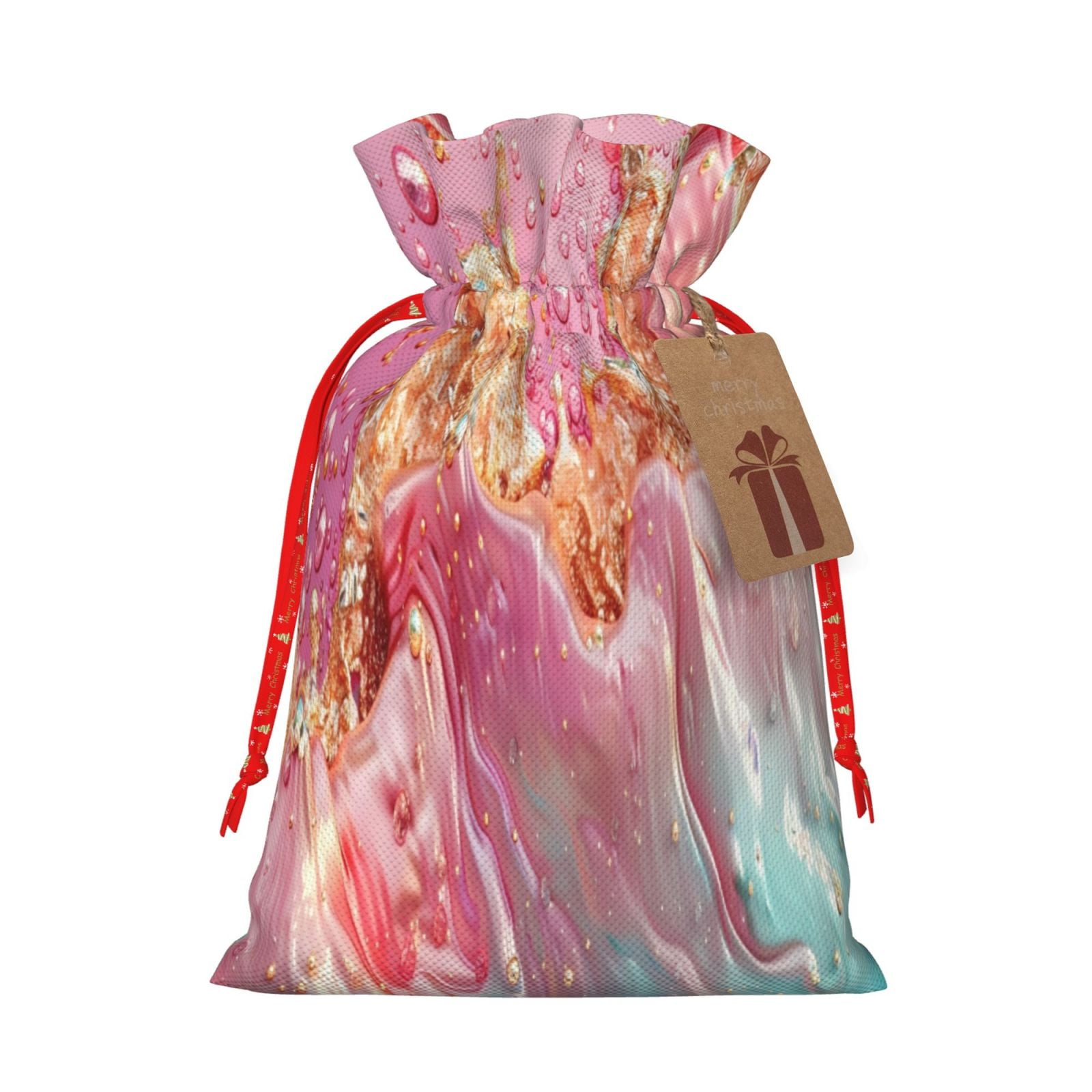 Horeoi Abstract Pink Gold Splash Print Holiday Drawstring Gift Bags for Presents, Big Gift Sack ...