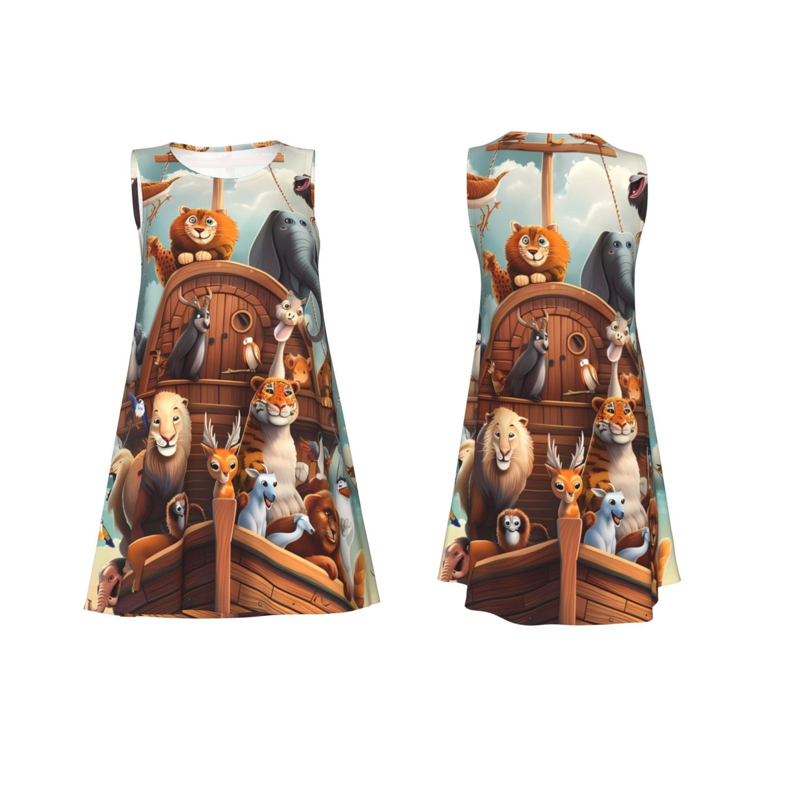 Horeoi Animal Filled Noahs Ark Print Women's Sleeveless Dress Cotton ...