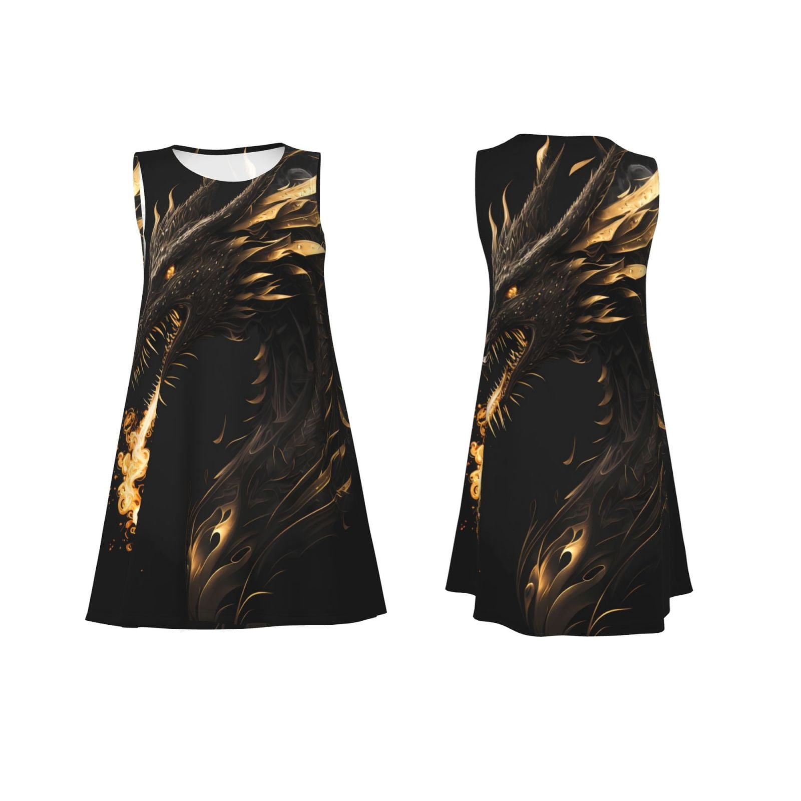 Horeoi Black And Gold Fire Dragon Print Women's Sleeveless Dress Cotton ...