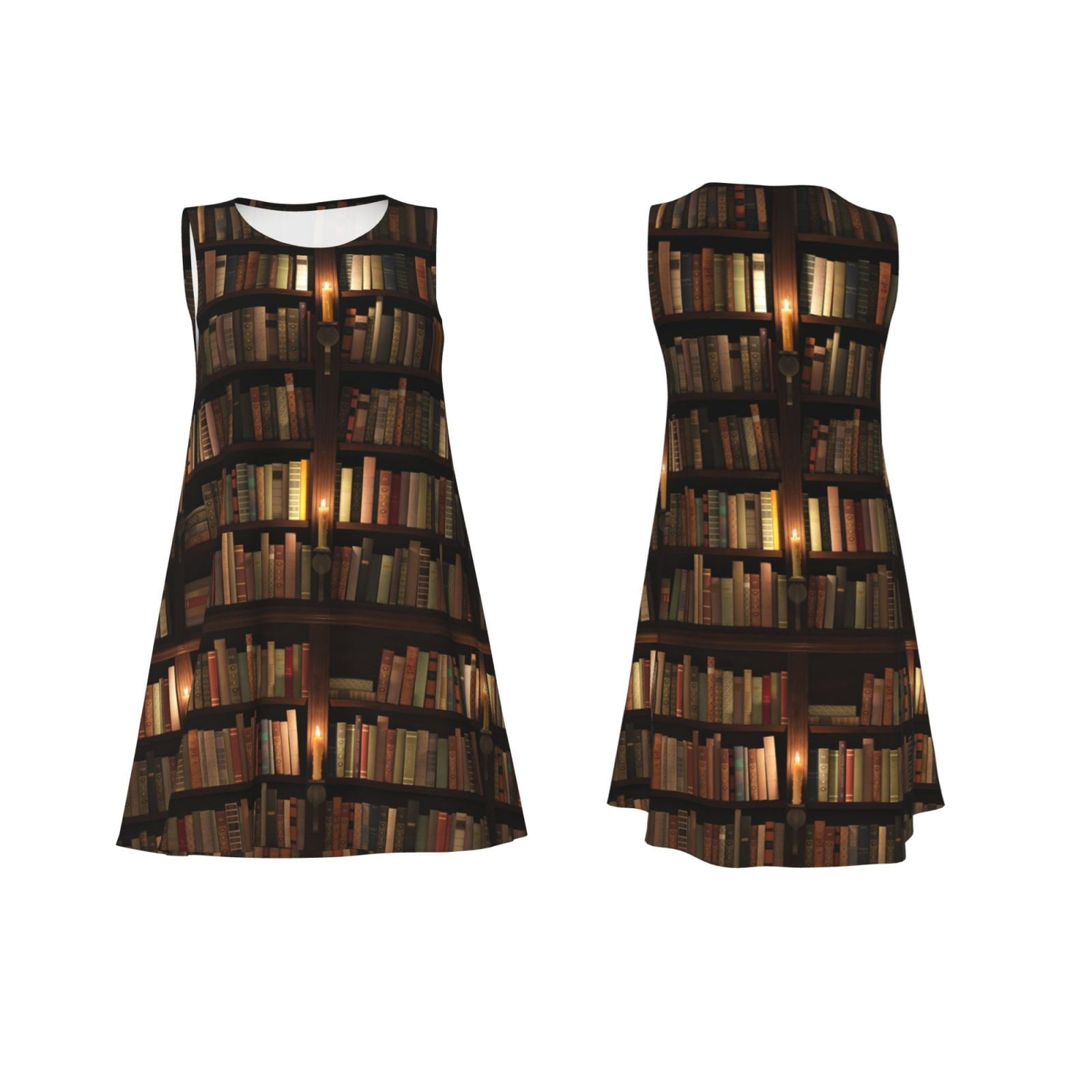 Horeoi Bookshelves Print Women's Sleeveless Dress Cotton-like Flared ...