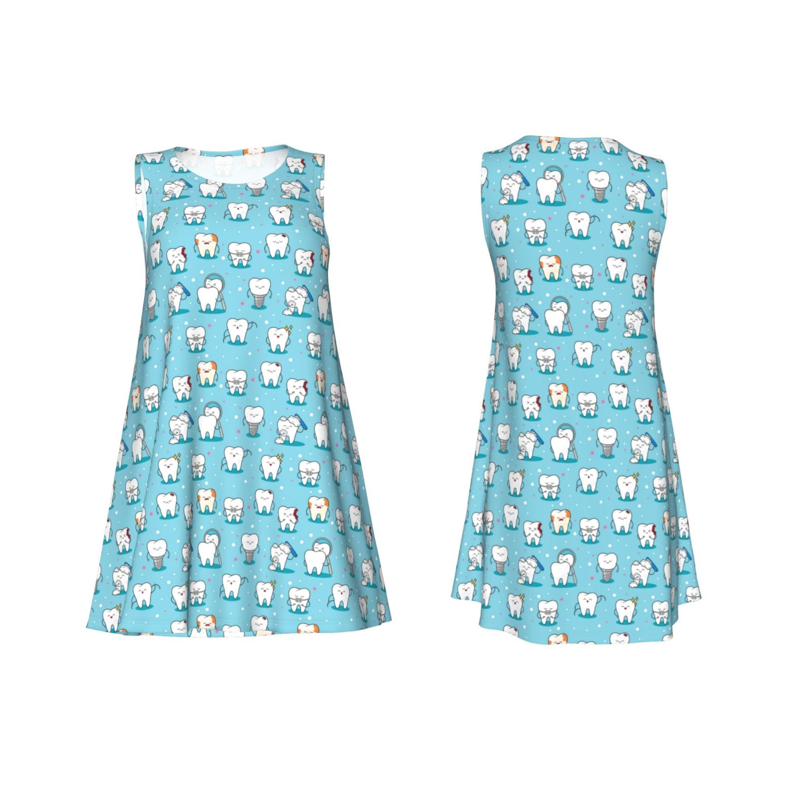 Horeoi Cartoon Teeth Print Women's Sleeveless Dress Cotton-like Flared ...