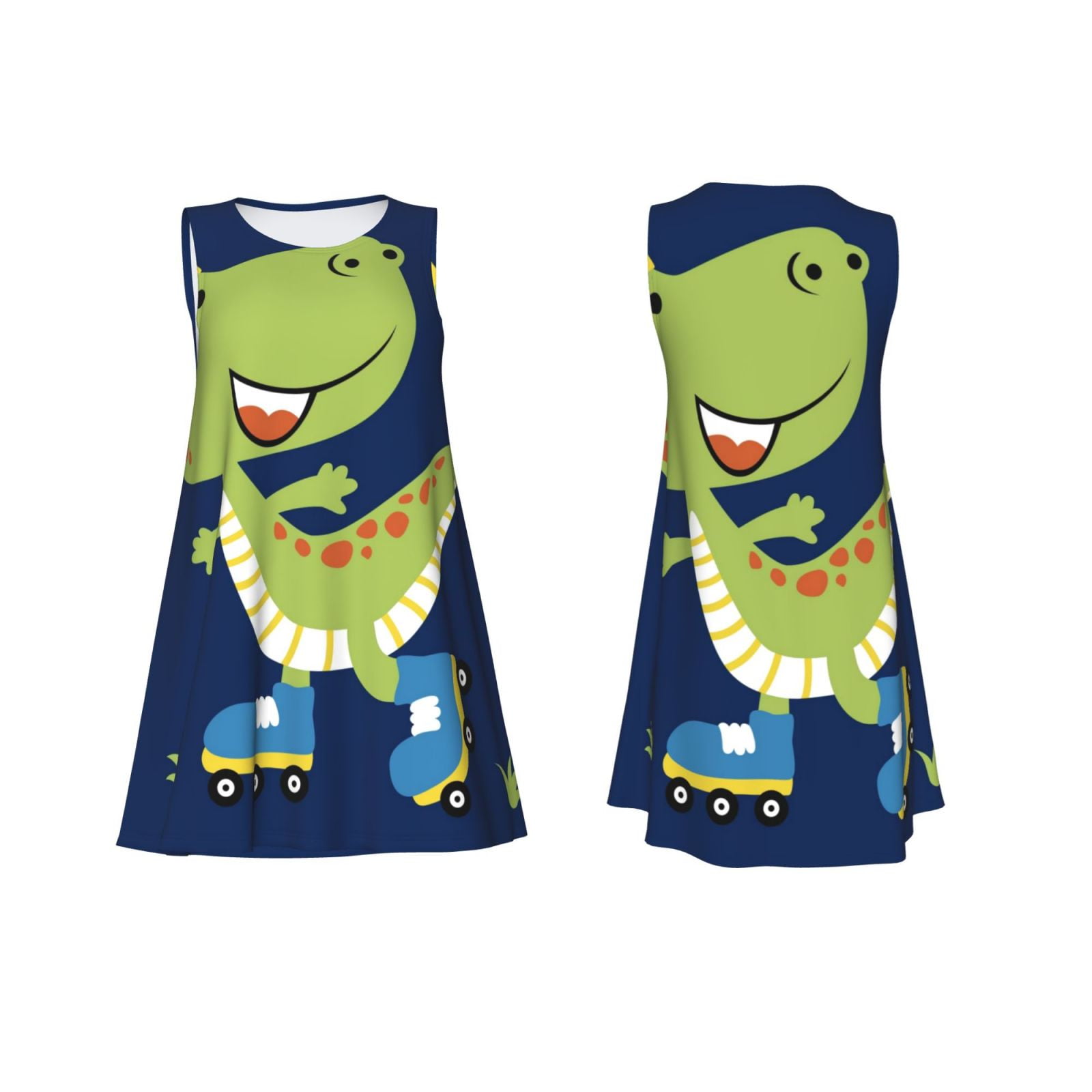 Horeoi Dino Playing Roller Skate Print Women's Sleeveless Dress Cotton-like Flared Hem Deep Side ...