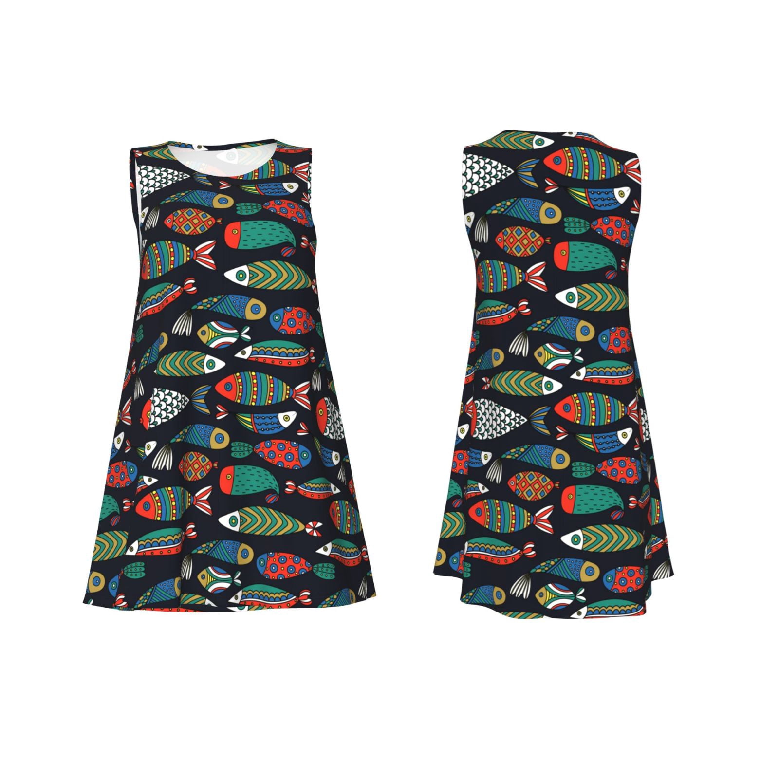 Horeoi Hand Drawn Colorful Fishes Print Women's Sleeveless Dress Cotton ...