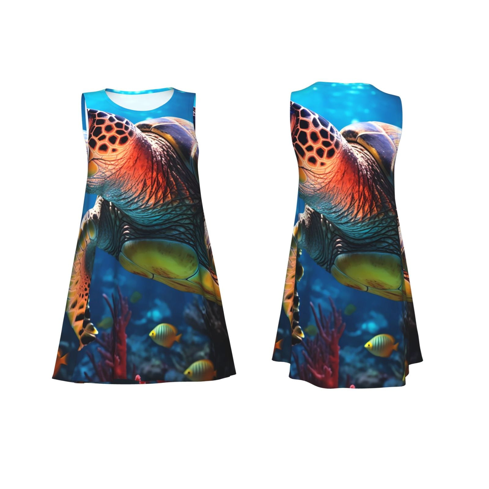 Horeoi Ice Blue Ocean Sea Turtle Print Women's Sleeveless Dress Cotton ...