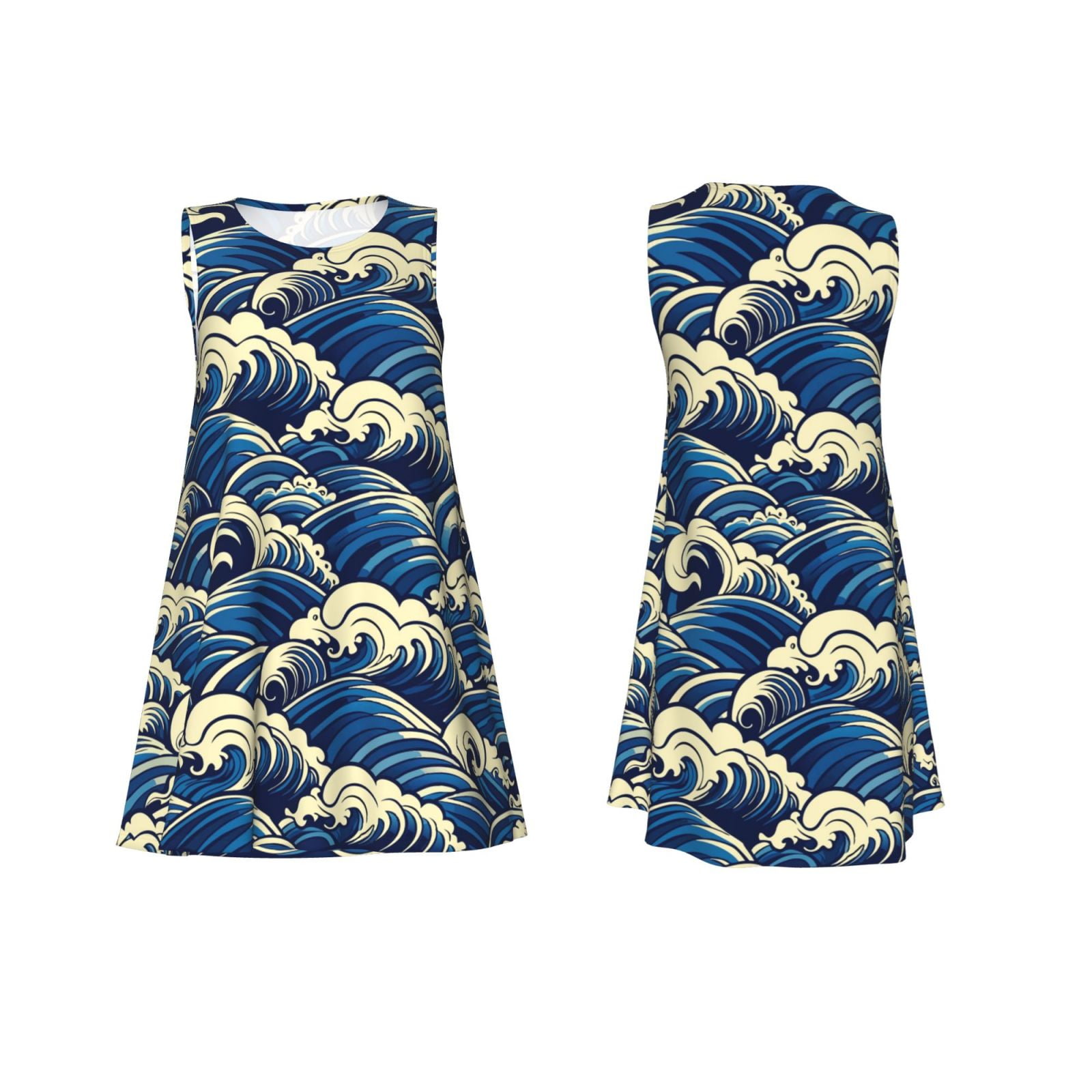 Horeoi Japanese Water Wave Print Women's Sleeveless Dress Cotton-like ...