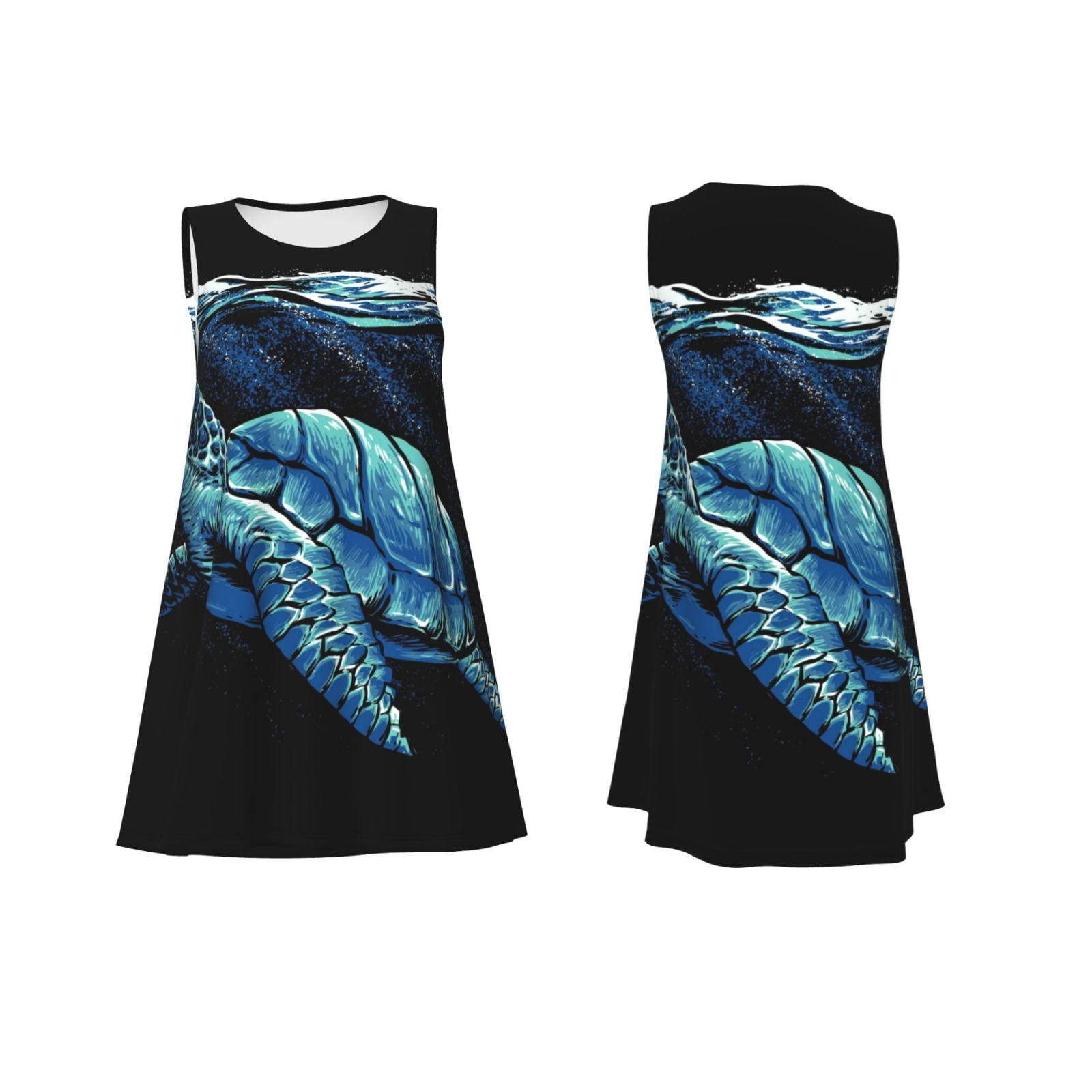 Horeoi Ocean Turtle Print Women's Sleeveless Dress Cotton-like Flared ...