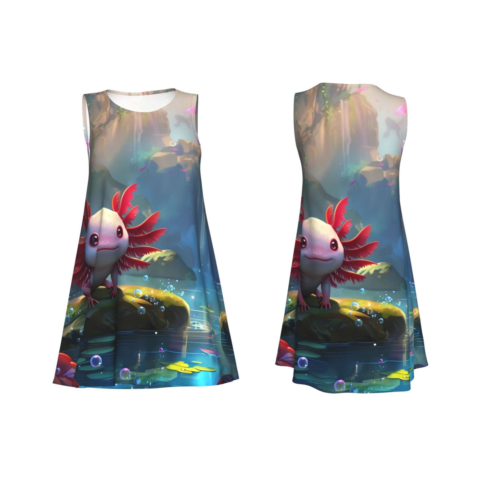 Horeoi Pond Cute Axolotl Print Women's Sleeveless Dress Cotton-like ...