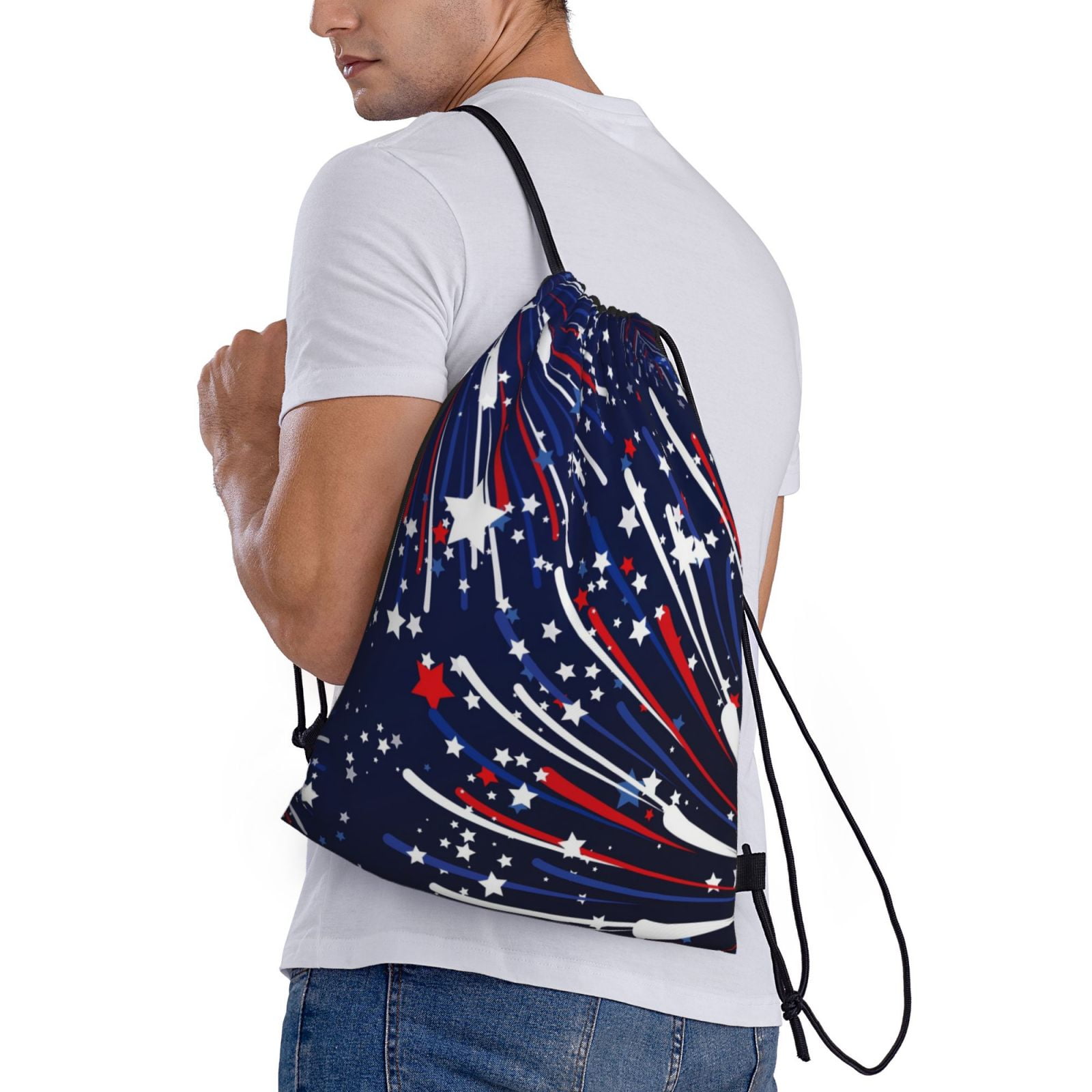 Horeoi Red White Blue Fireworks 1 Print Drawstring Bags for Gym Sports ...