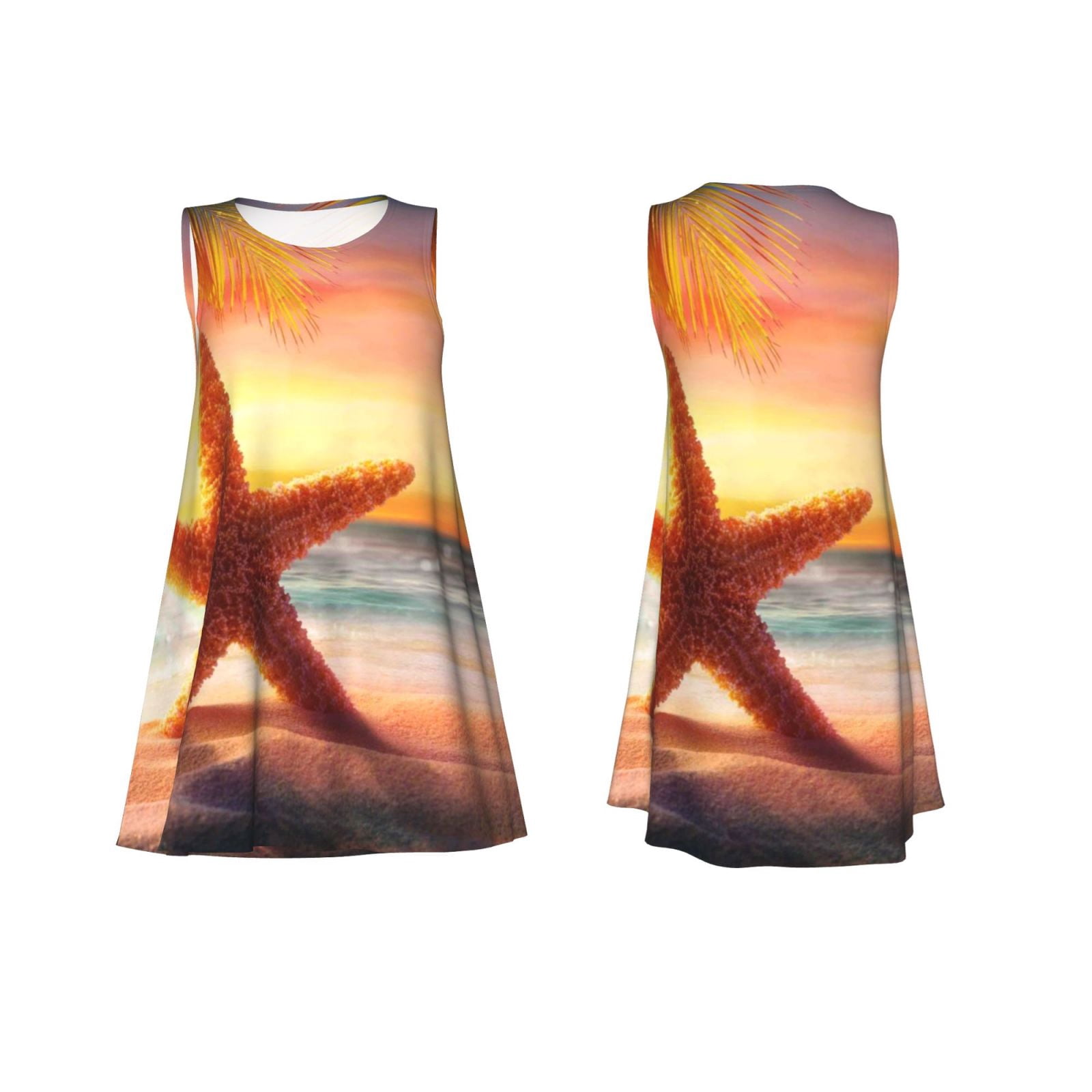 Horeoi Starfish Sunset Sea Beach Print Women's Sleeveless Dress Cotton ...