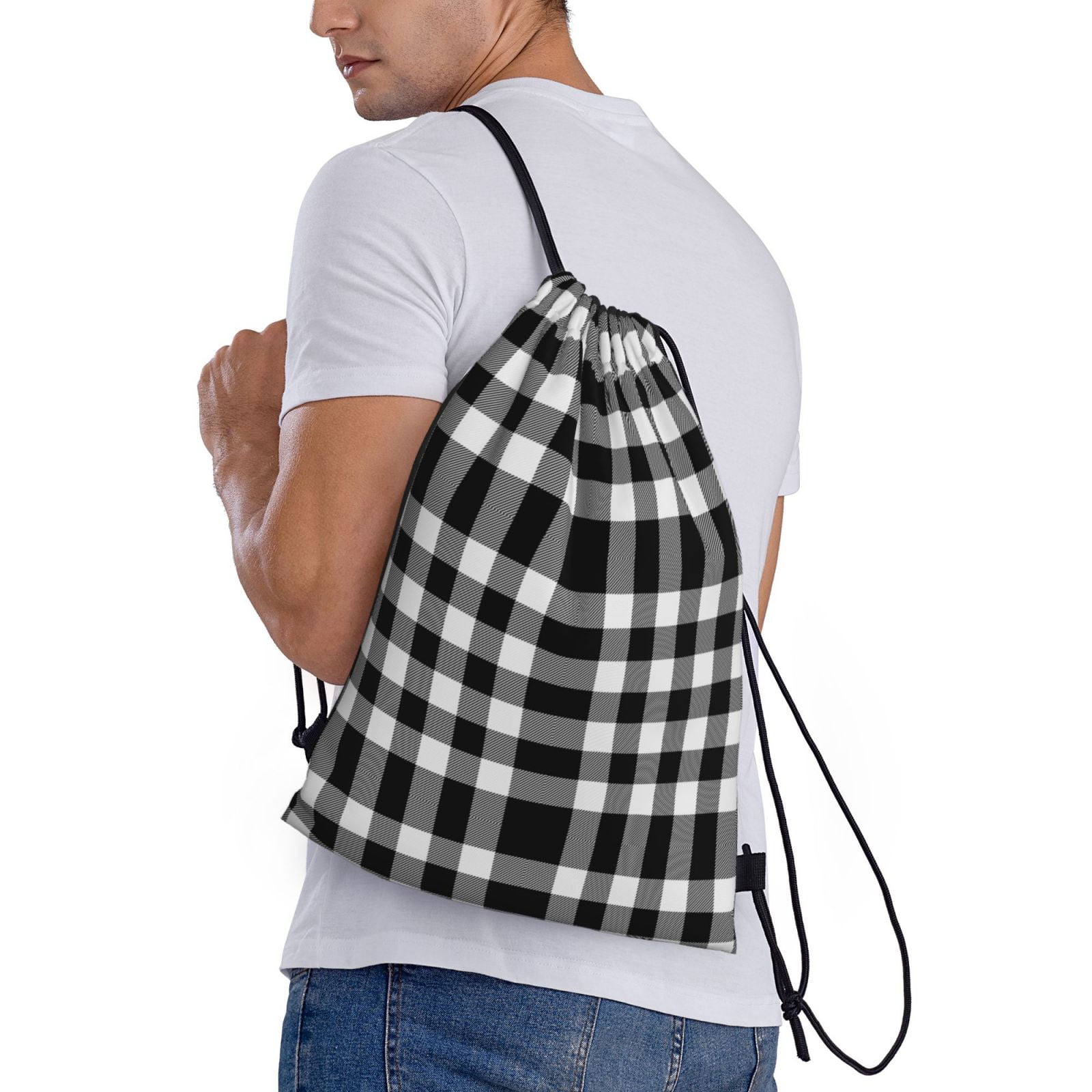 Horeoi White And Black Plaid Print Drawstring Bags for Gym Sports Yoga ...