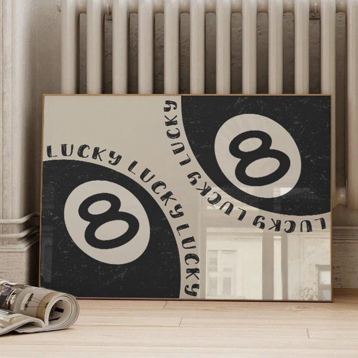 Horizontal 8 Pool Ball Print, Retro Lucky 8 Ball Poster, Monochrome ...