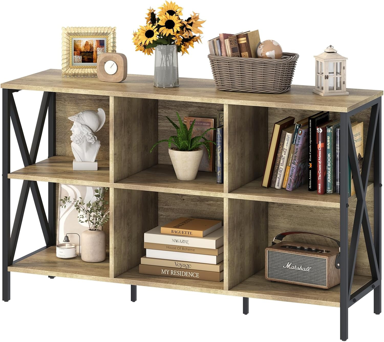 Horizontal Bookshelf Bookcase,6 Cube Storage Organizer with Open Shelf ...