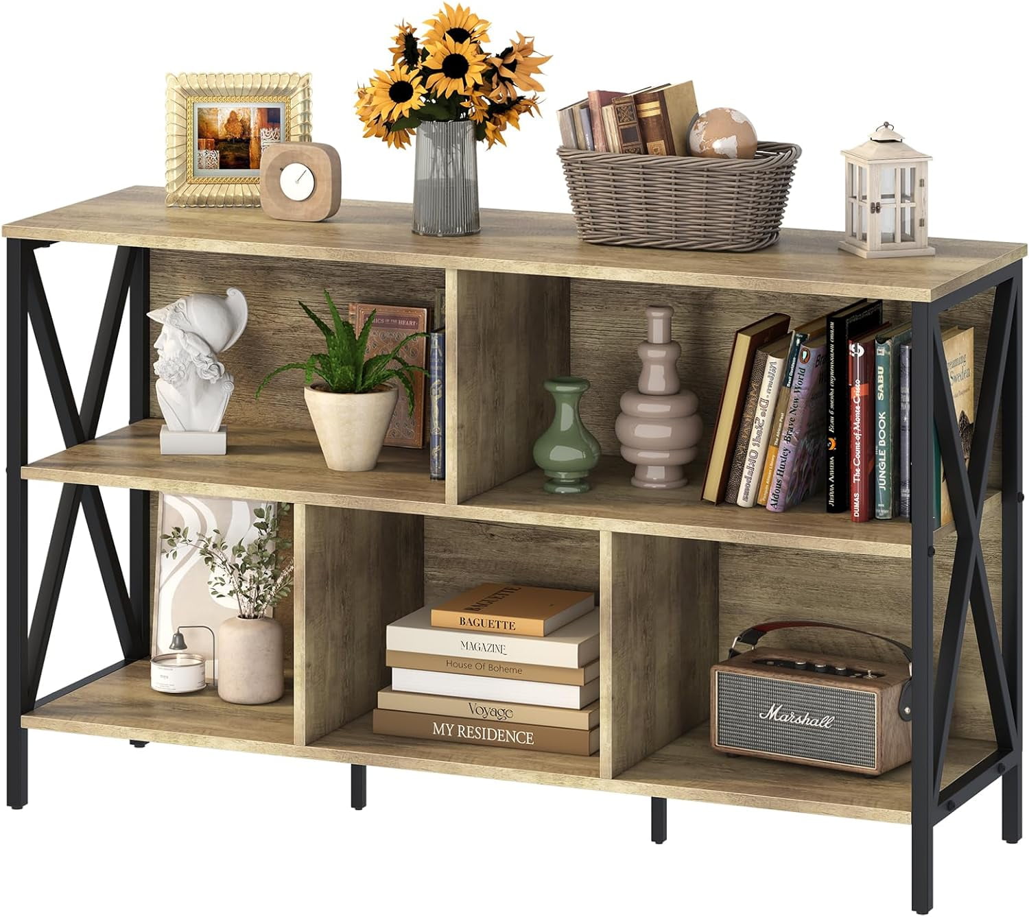 Horizontal Bookshelf,Industrial Modern 5 Cube Low Wide Cubby Bookcase ...