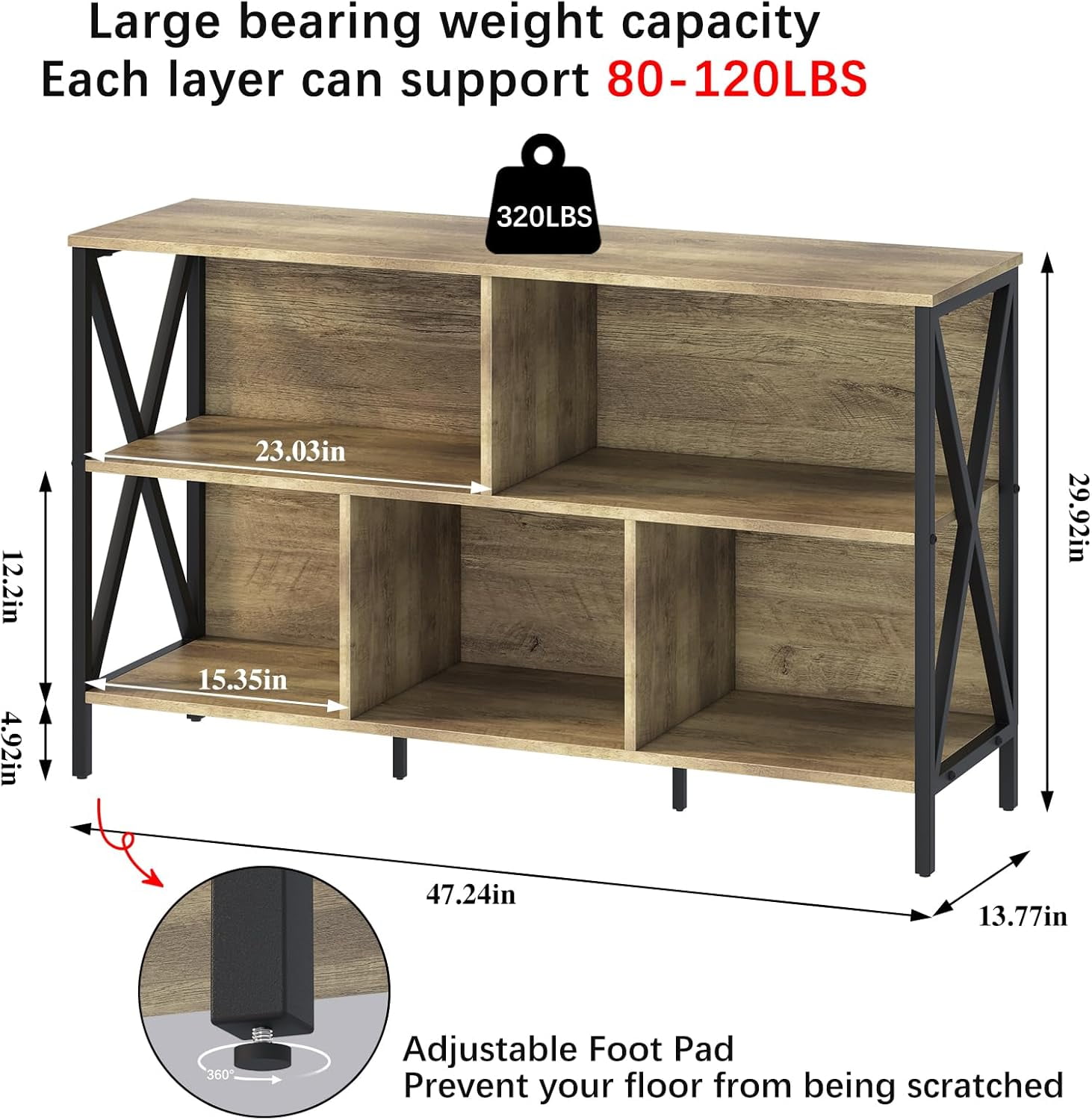 Horizontal Bookshelf,Industrial Modern 5 Cube Low Wide Cubby Bookcase ...