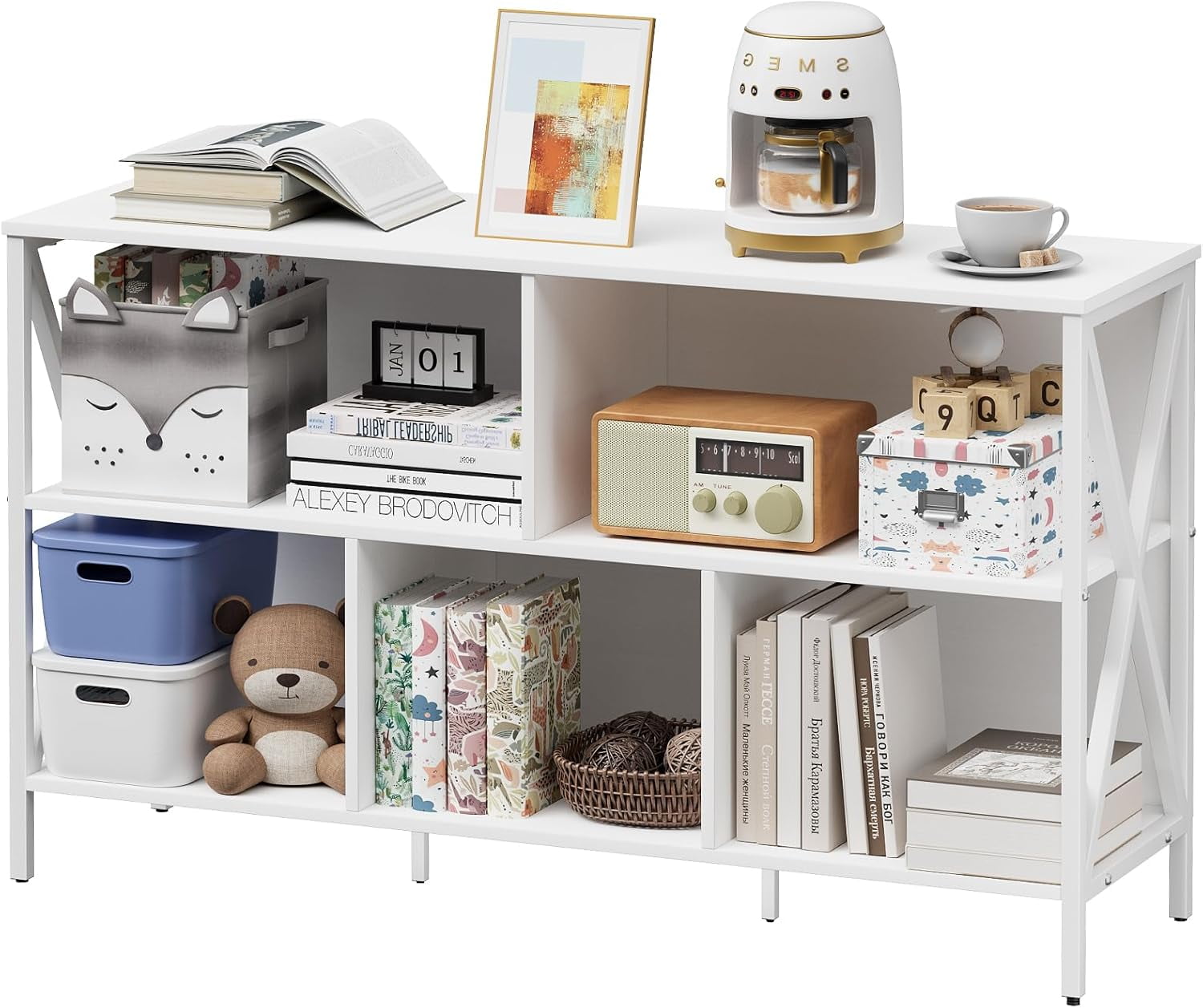 Horizontal Bookshelf,Industrial Modern 5 Cube Low Wide Cubby Bookcase ...