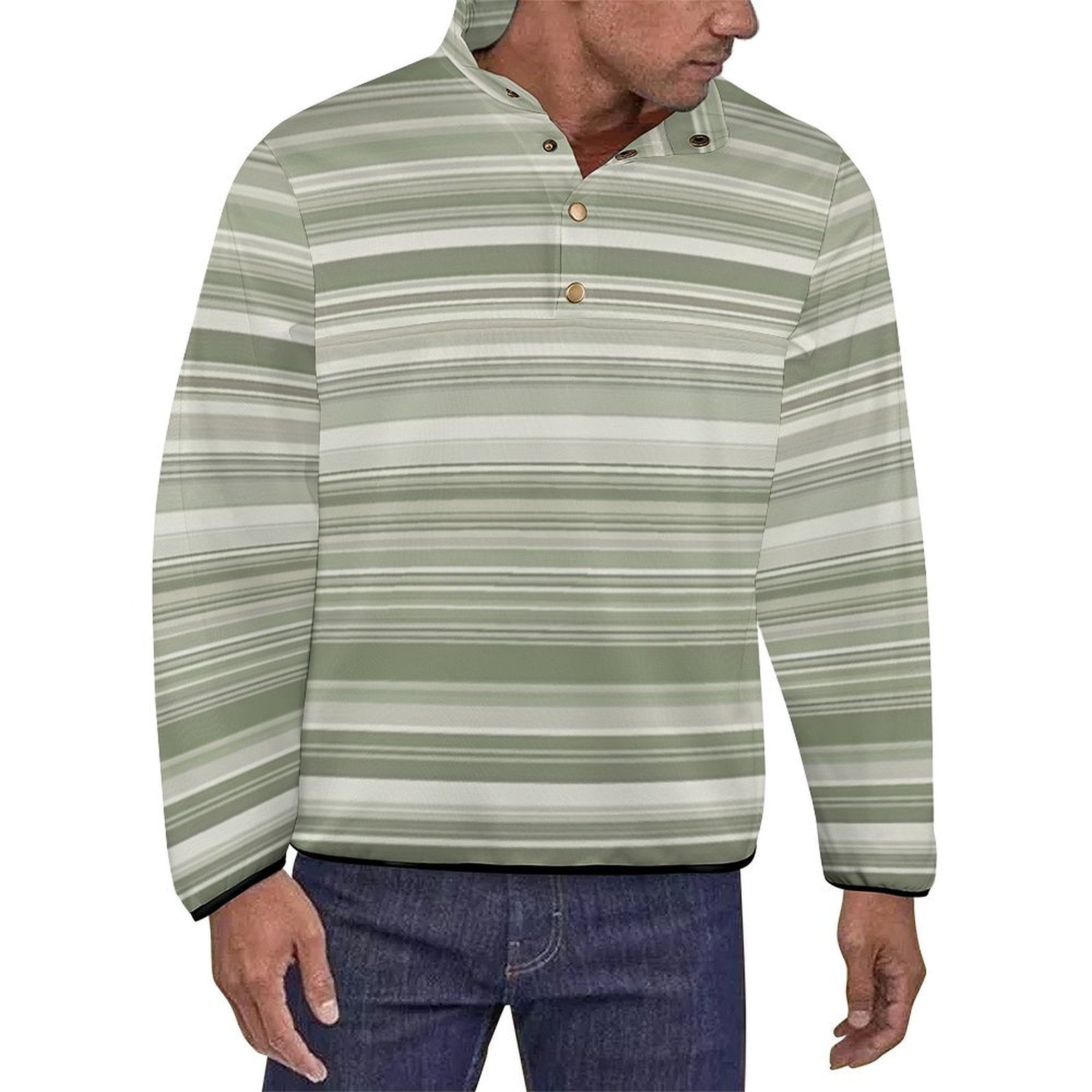 Horizontal Lines Subtle Green Hues Men's Stand Collar Sweater Long ...