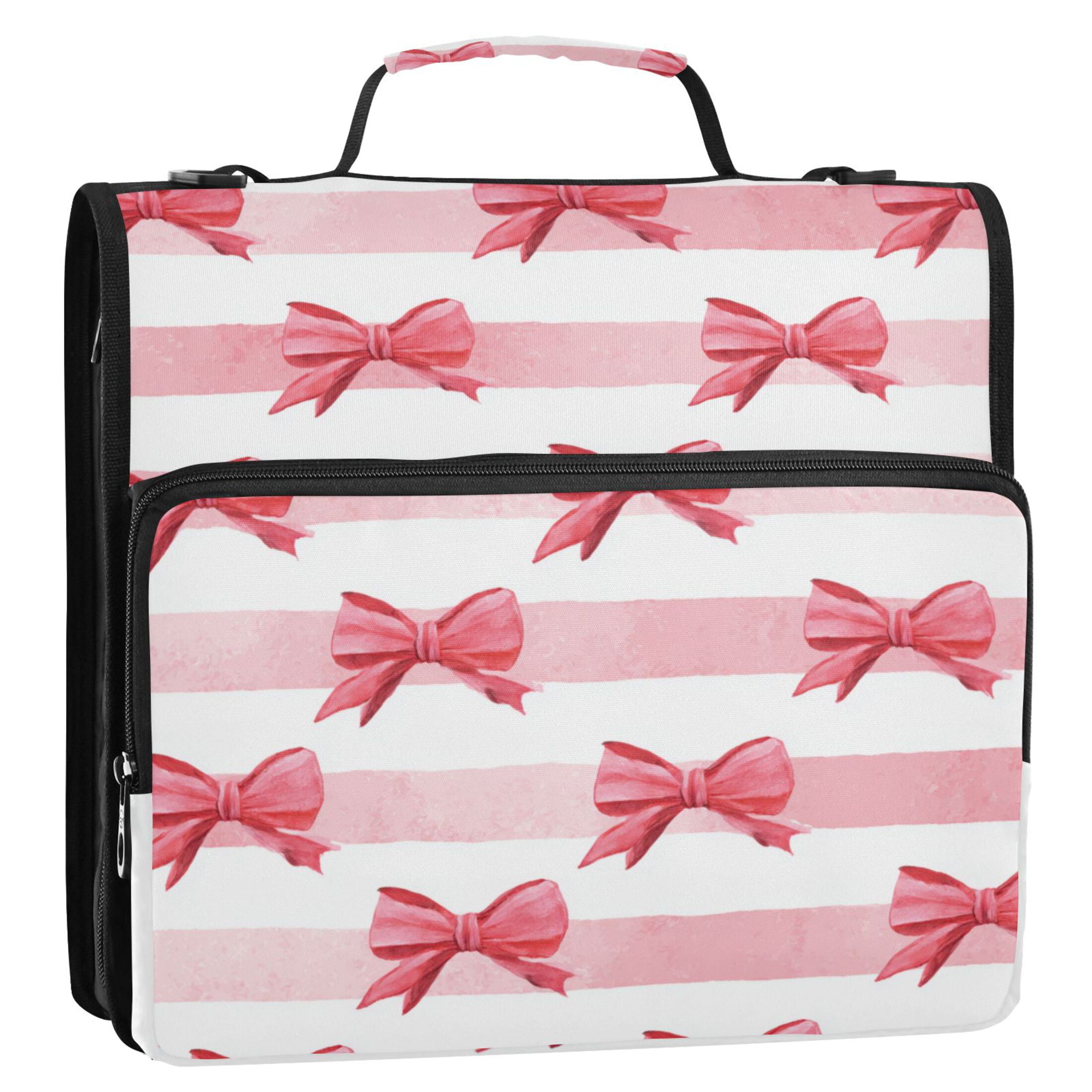 Horizontal Pink Stripes Bows Watercolor Binder Bag with Shoulder Strap ...