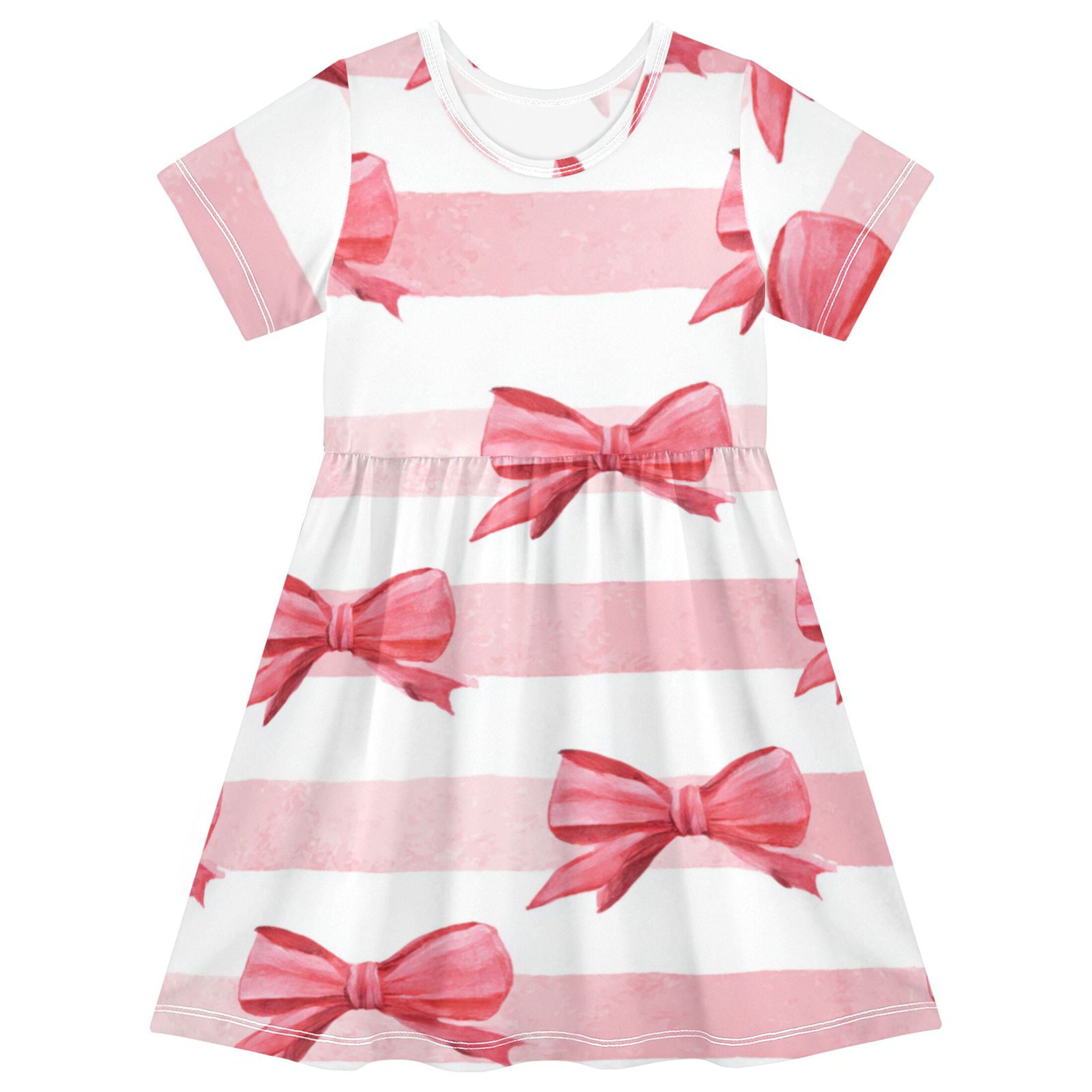 Horizontal Pink Stripes Bows Watercolor Girls' Short Sleeve Dress A ...