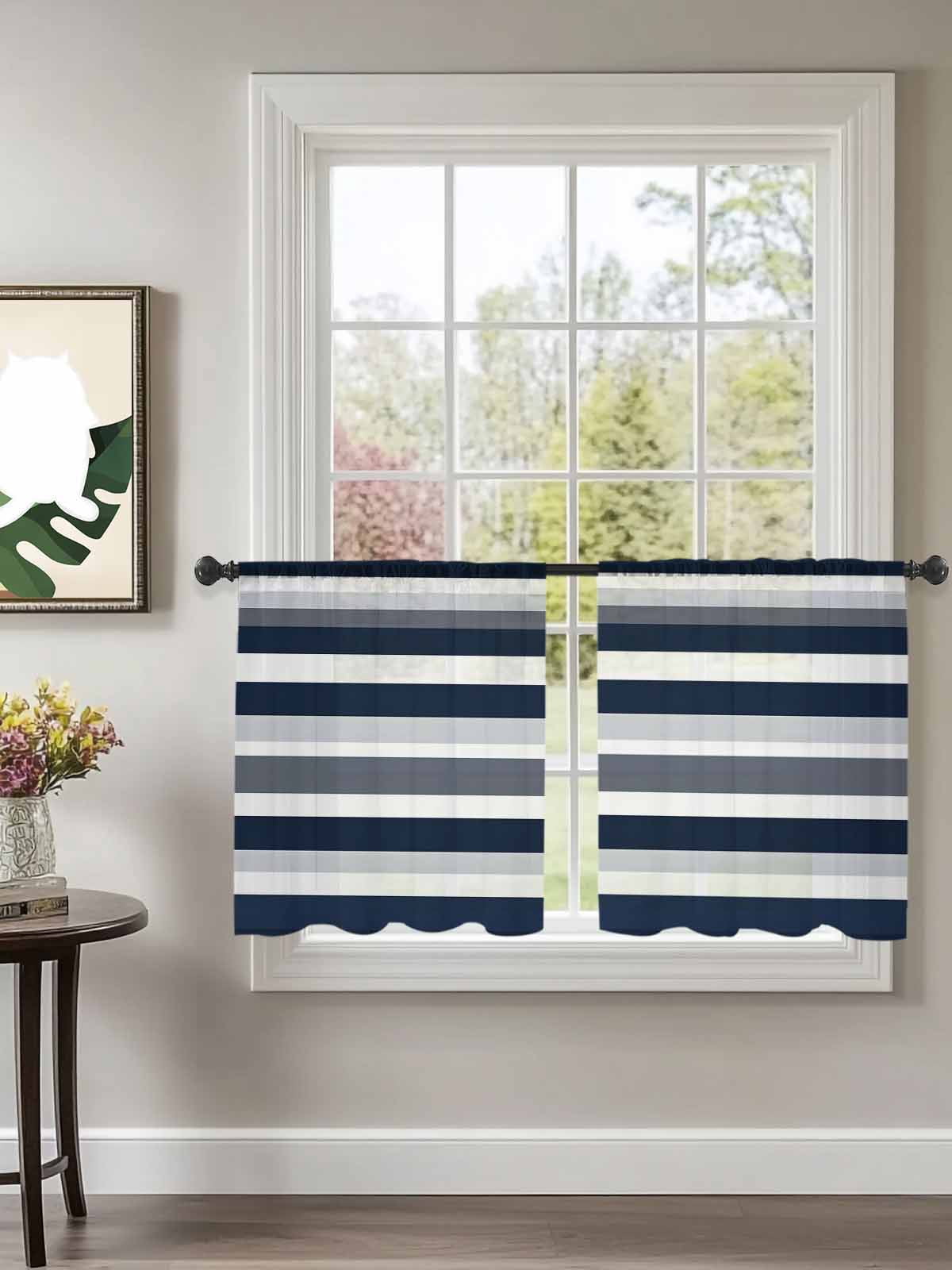 Horizontal Stripe Navy Blue White Gray Chiffon Sheer Curtains 54 Inches ...
