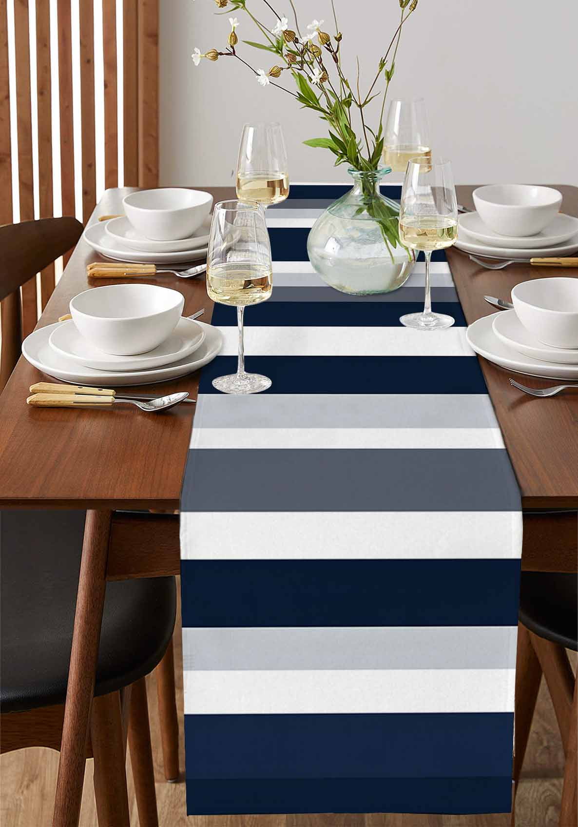 Horizontal Stripe Navy Blue White Gray Table Runner 13x36in Non-Slip ...