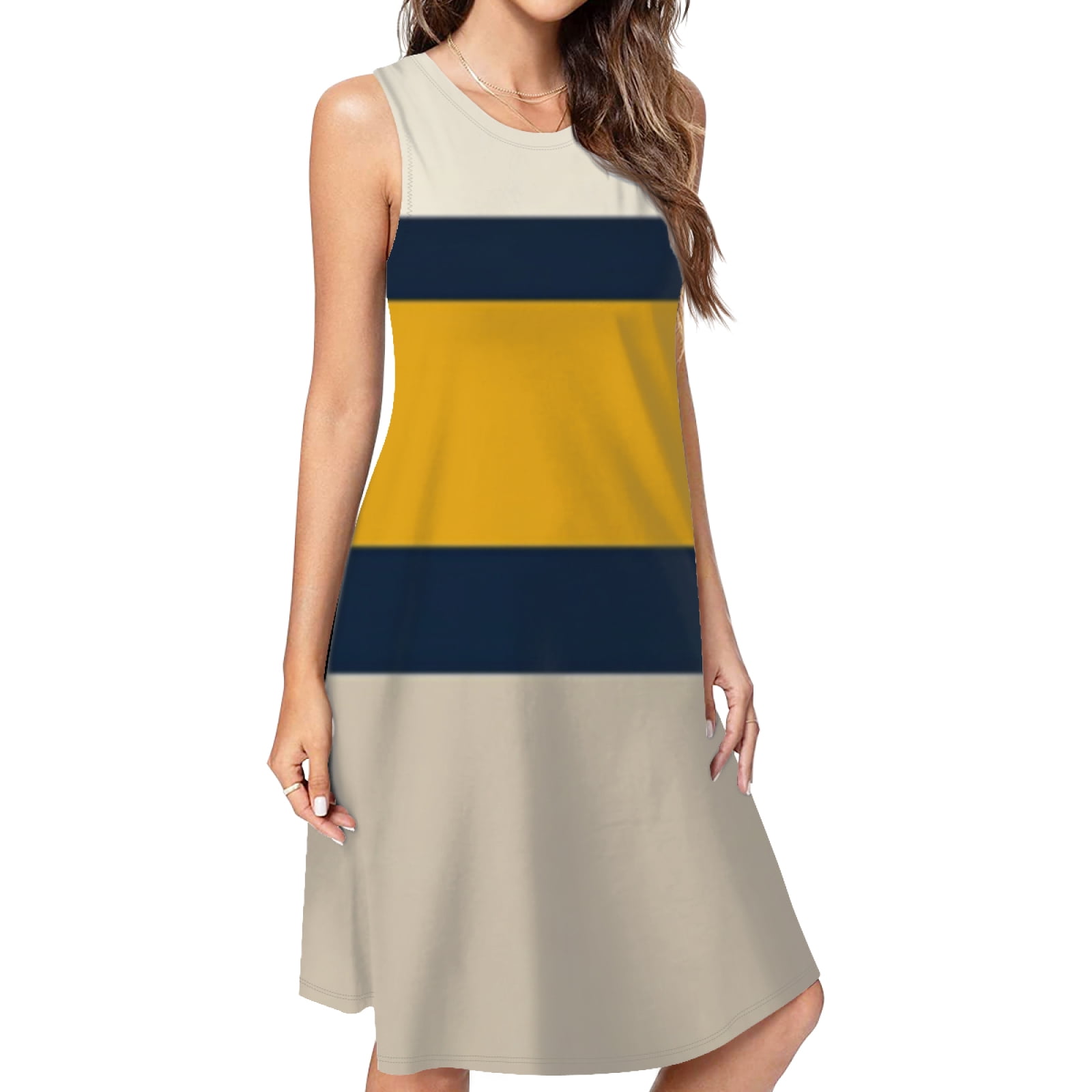 Horizontal Stripes Gold Navy Beige Dress Loose Women'S Dress Beach ...