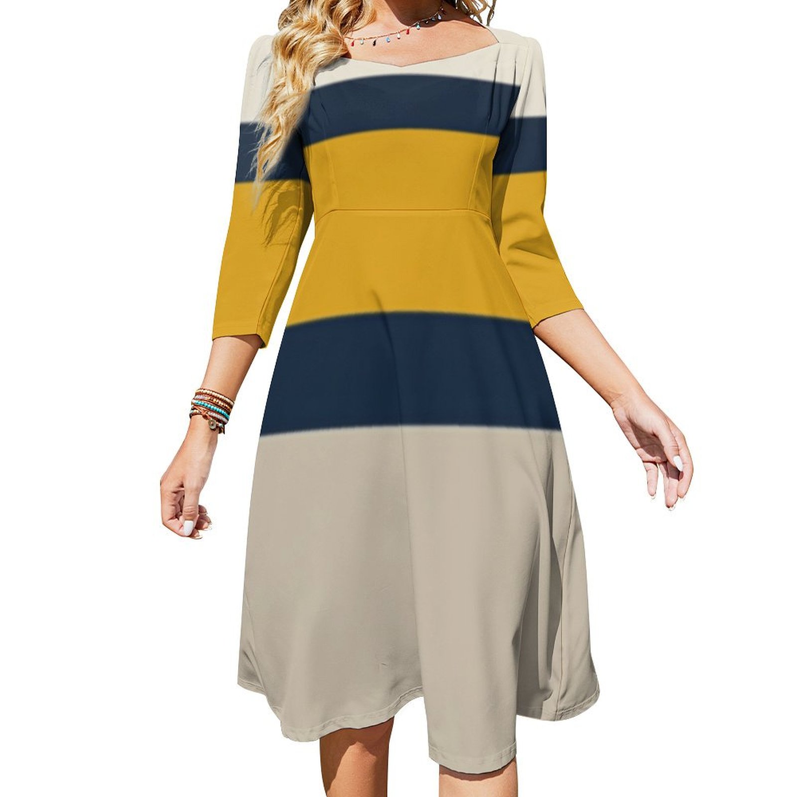 Horizontal Stripes Gold Navy Beige Dress Summer Dresses Woman Street ...