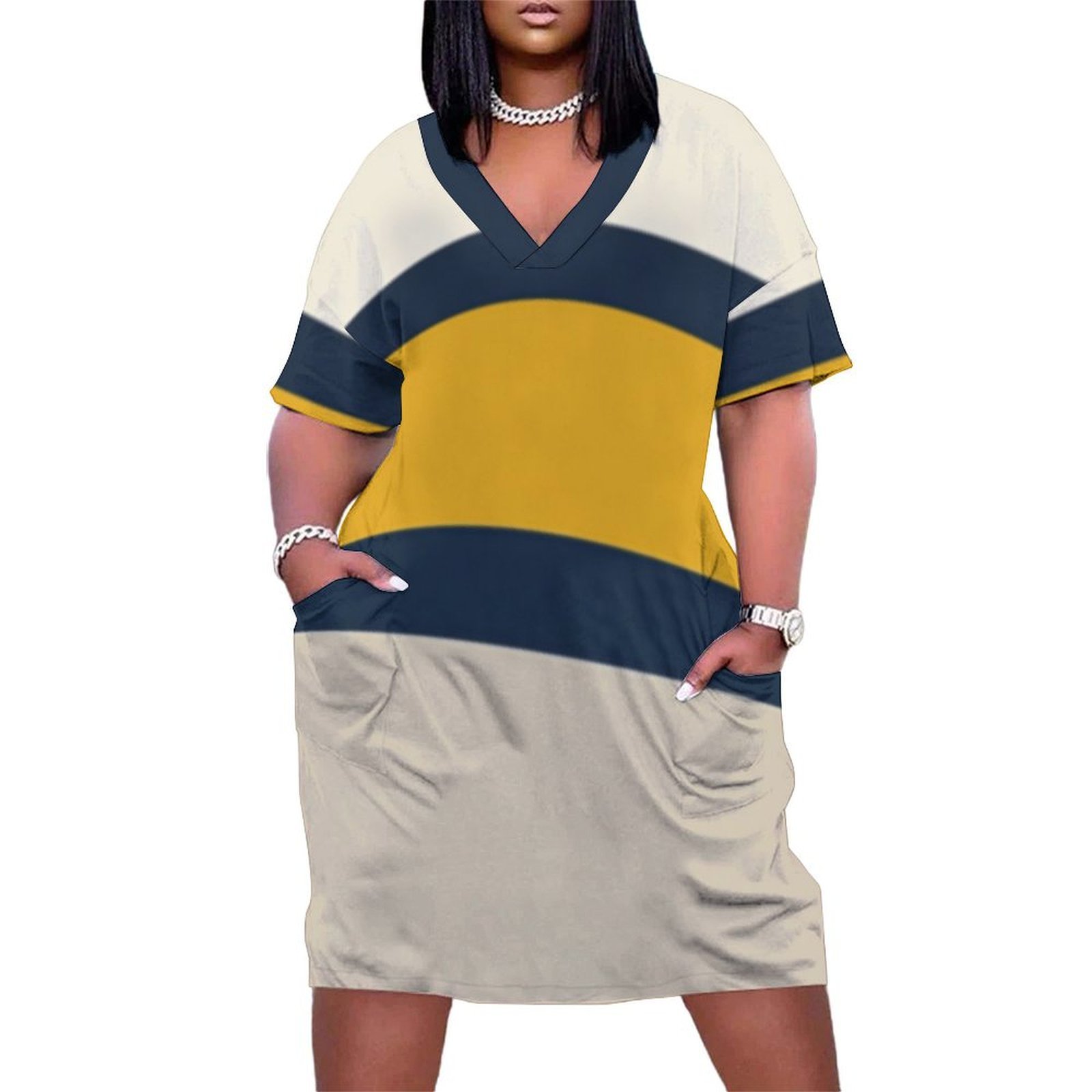 Horizontal Stripes Gold Navy Beige Loose Pocket Dress Dresses Summer ...