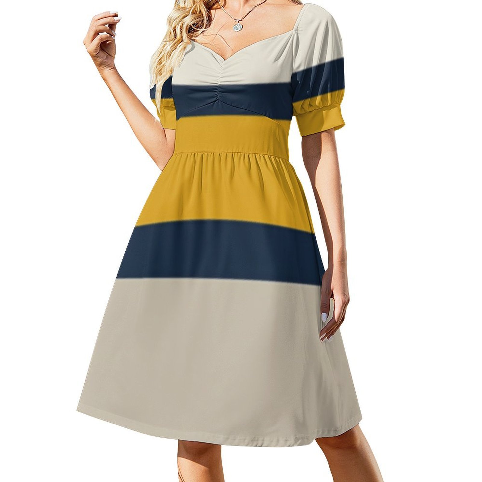 Horizontal Stripes Gold Navy Beige Short Sleeve Dress Clothes Women's ...