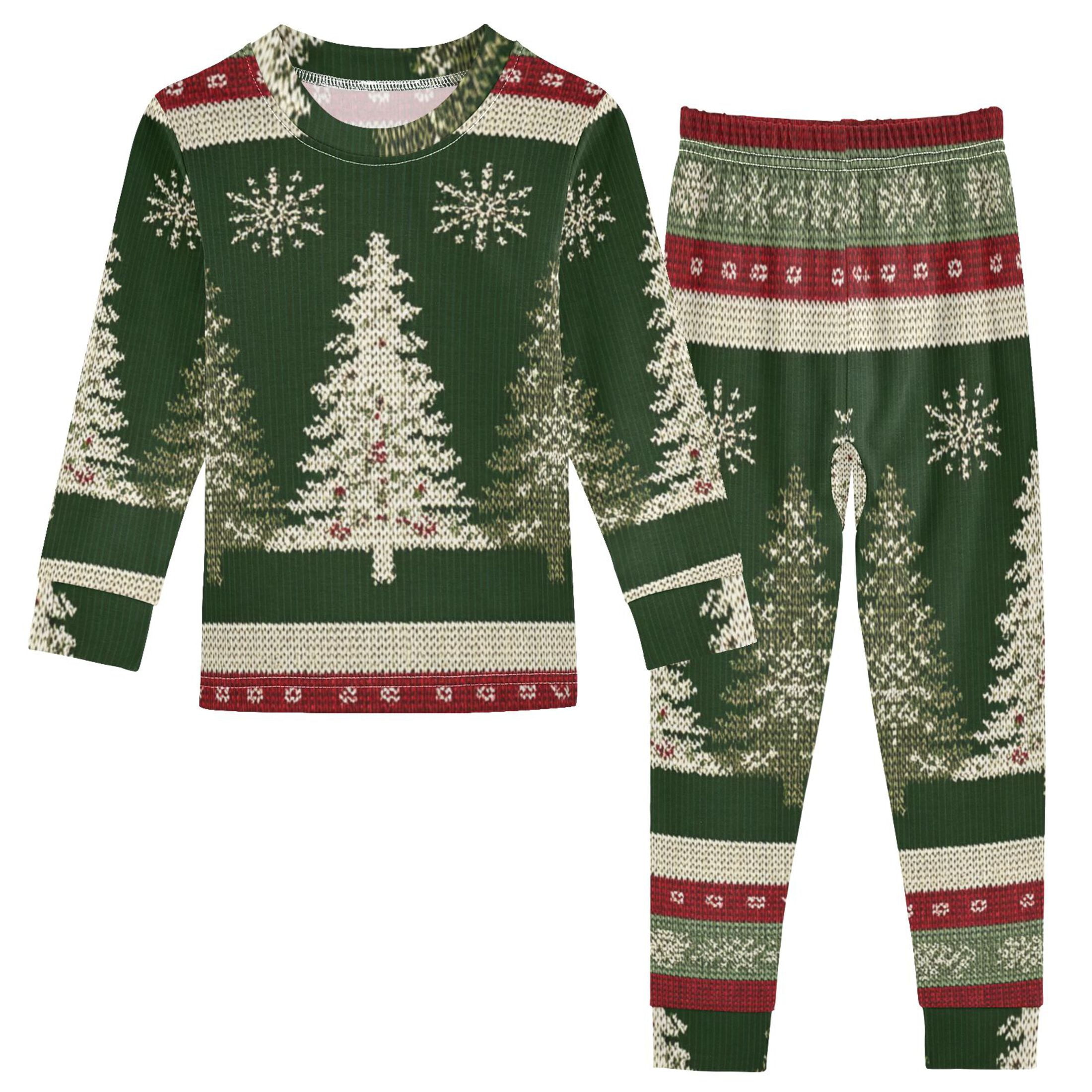 Horizontal Stripes with Christmas Tree Knit Cotton Pajama Set Long ...