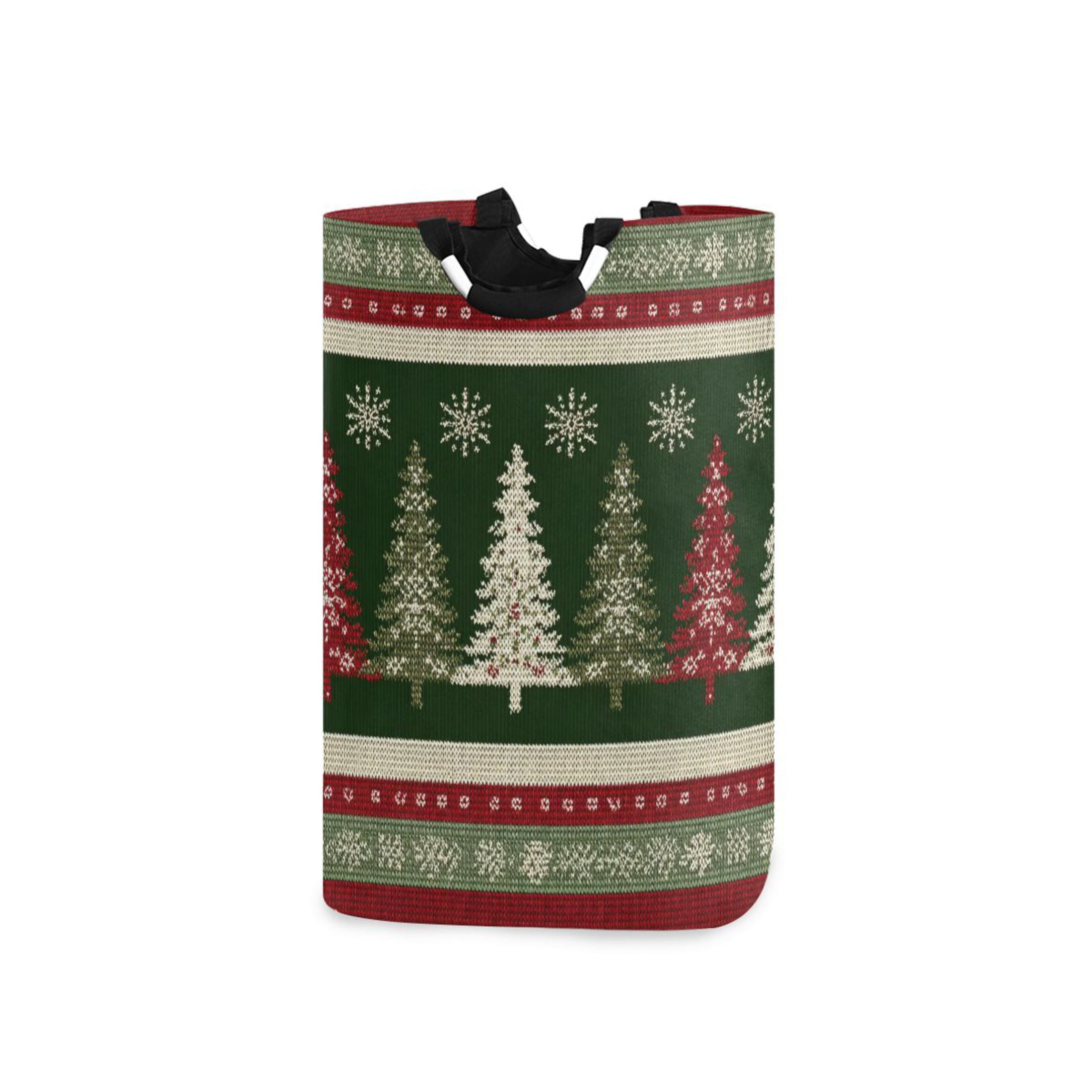 Horizontal Stripes with Christmas Tree Knit Laundry Basket with Handles ...