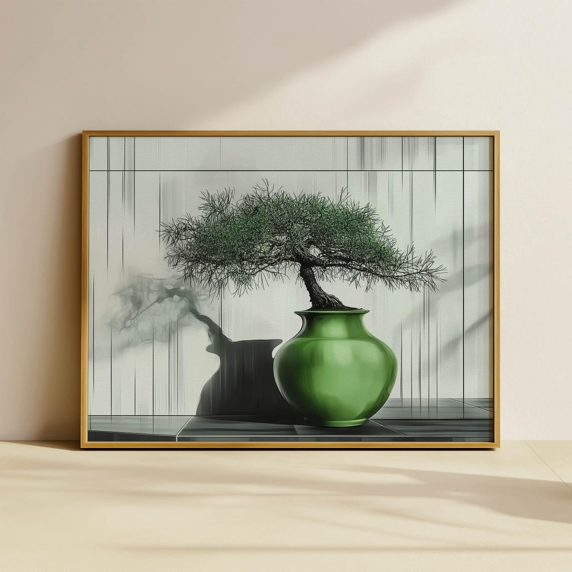 Horizontal Wall Art, Japanese Bonsai Tree Artwork, Green Oil Painting ...