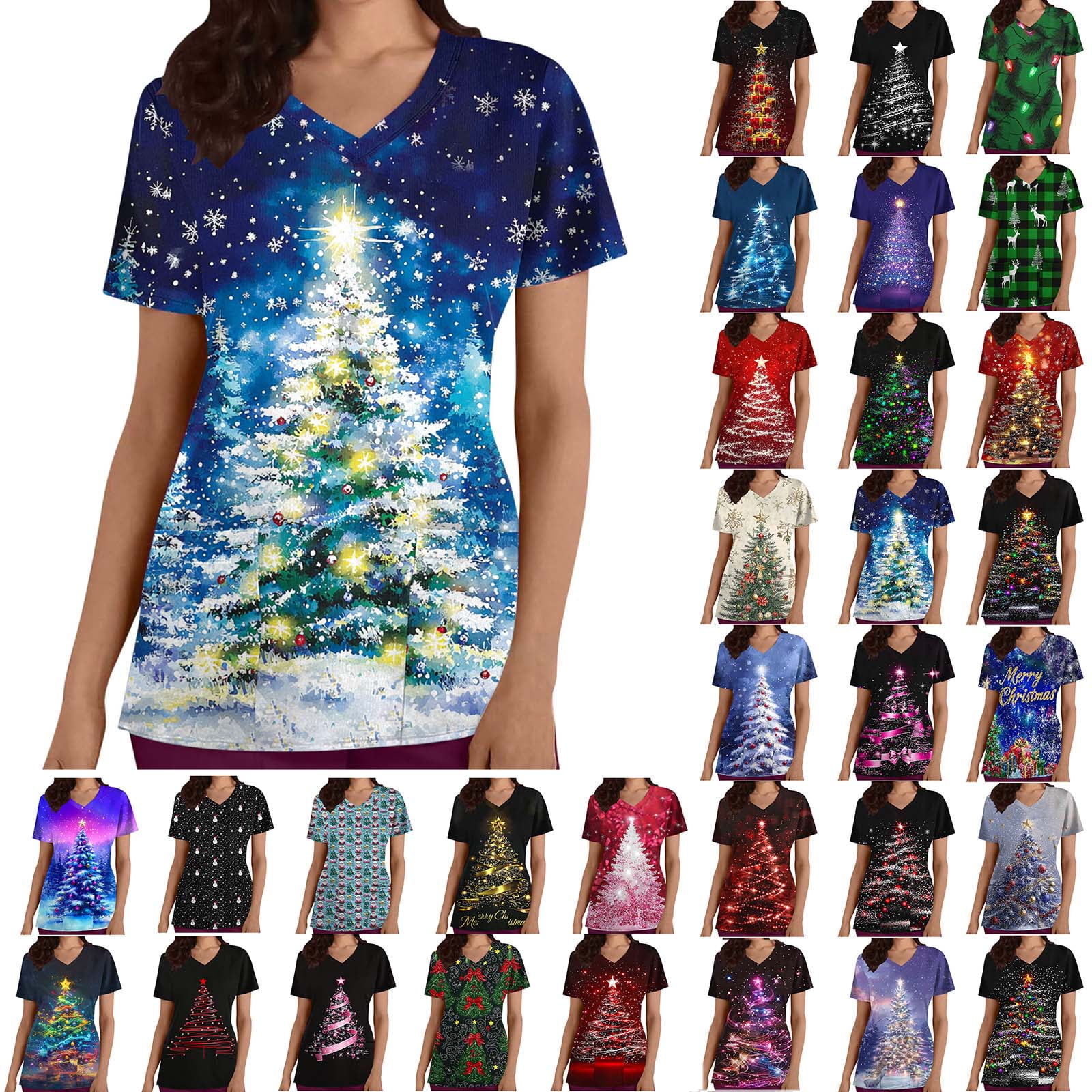 Horkkom Christmas Scrub Tops Women Xmas Tree Printed Holiday Scrub ...