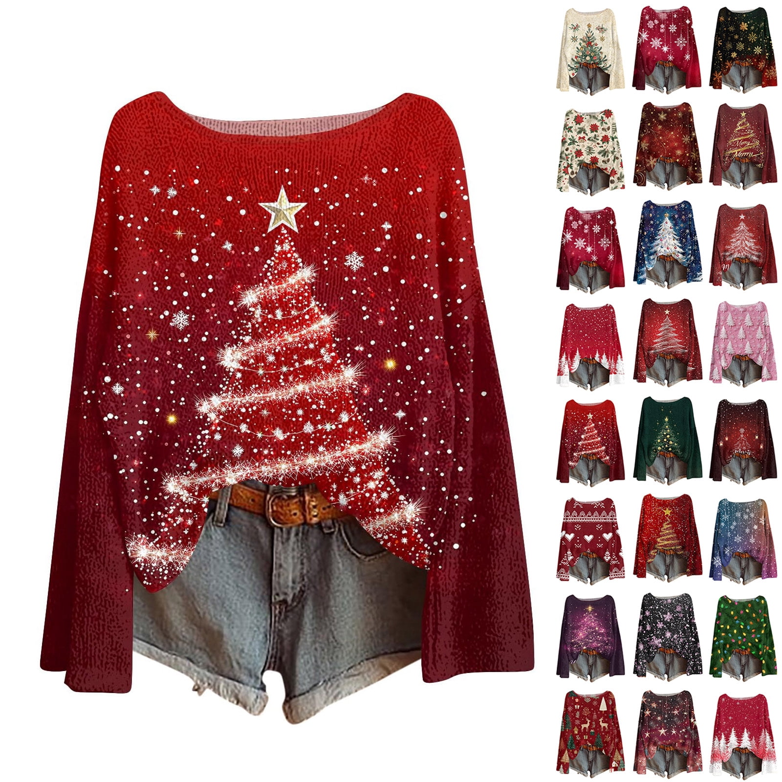 Horkkom Christmas Sweaters for Women Xmas Snowflakes Print Ugly Sweater ...
