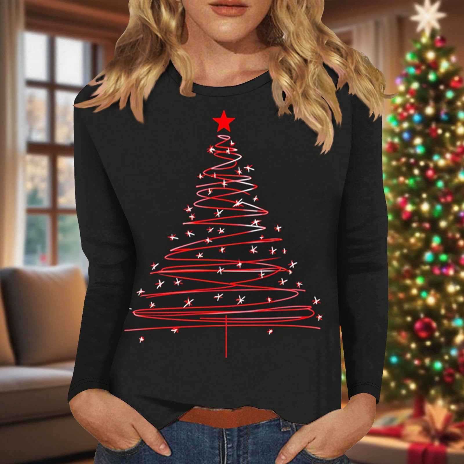 Horkkom Christmas Tops for Women Holiday Party Xmas Tree Print Long ...