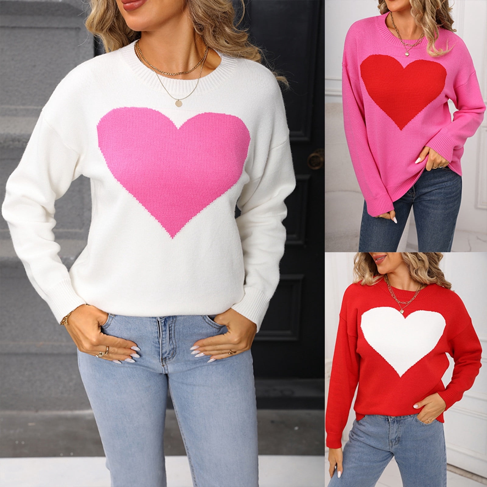 Horkkom Heart Sweater for Women, Long Sleeve Heart Print Valentines Day ...