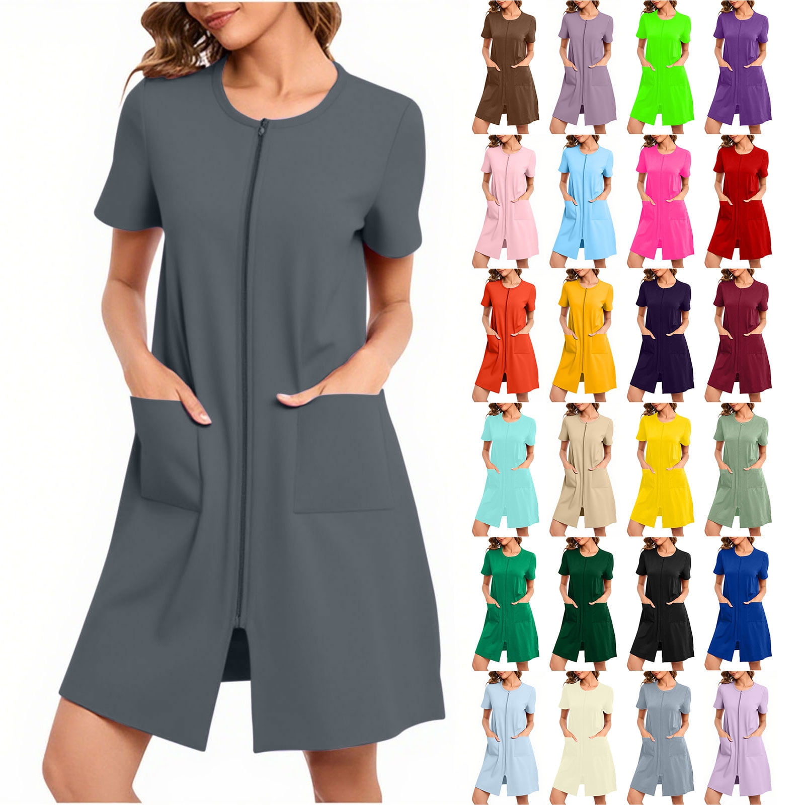 Horkkom House Coats for Women with Pockets Short Sleeve Zipper ...