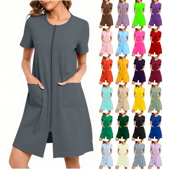 Horkkom House Coats for Women with Pockets Short Sleeve Zipper ...