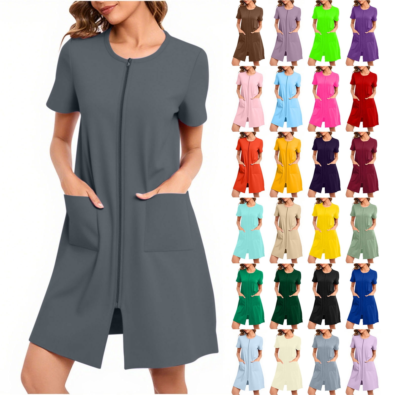 Horkkom House Coats for Women with Pockets Short Sleeve Zipper ...