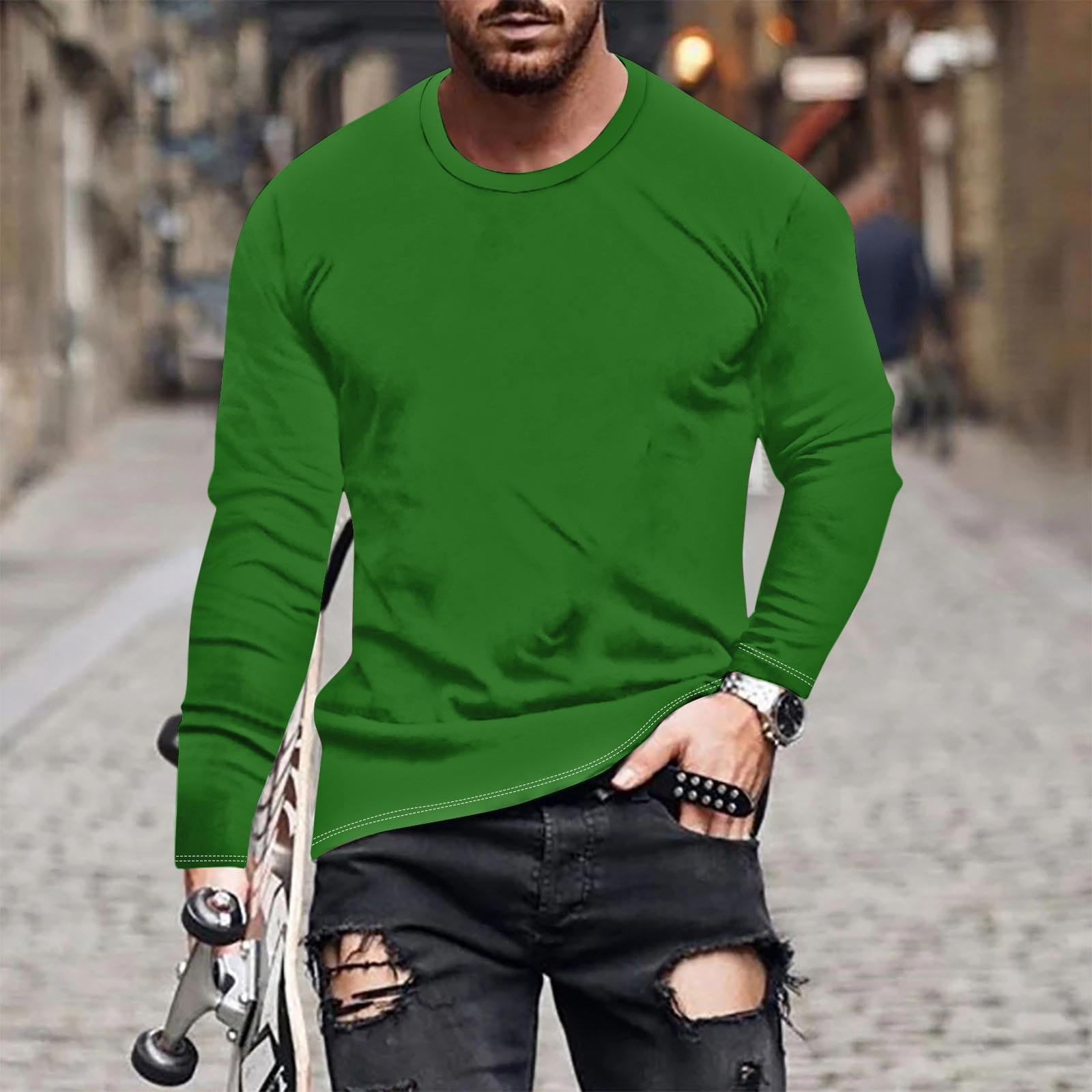 Horkkom Long Sleeve T Shirt Men Plus Size Solid Color Crewneck Tee ...