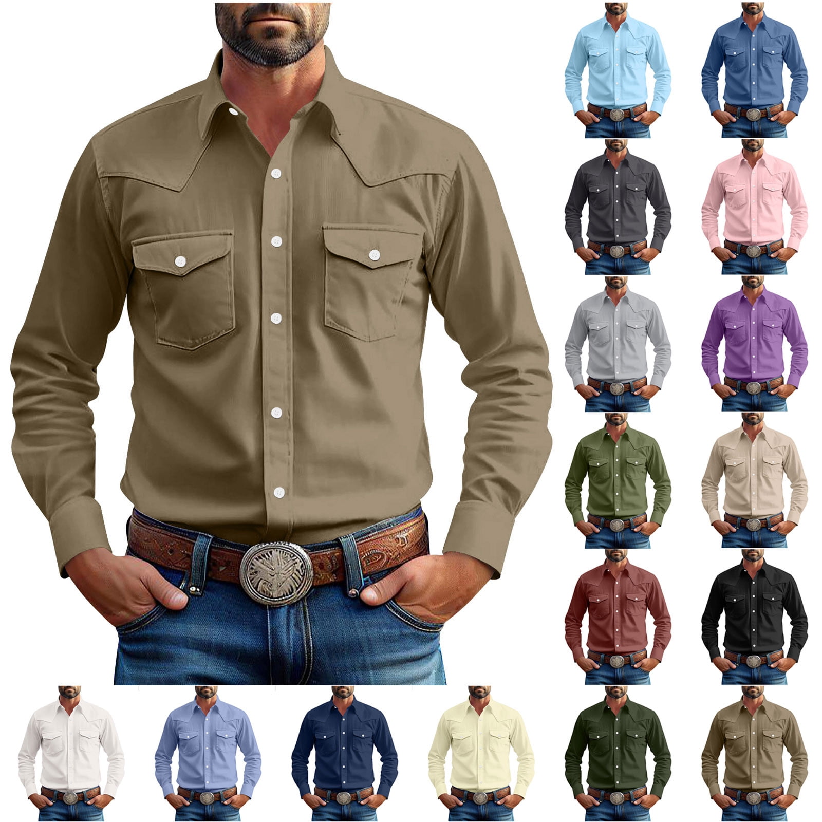 Horkkom Mens Button Up Shirts Long Sleeve Solid Color with Pockets ...