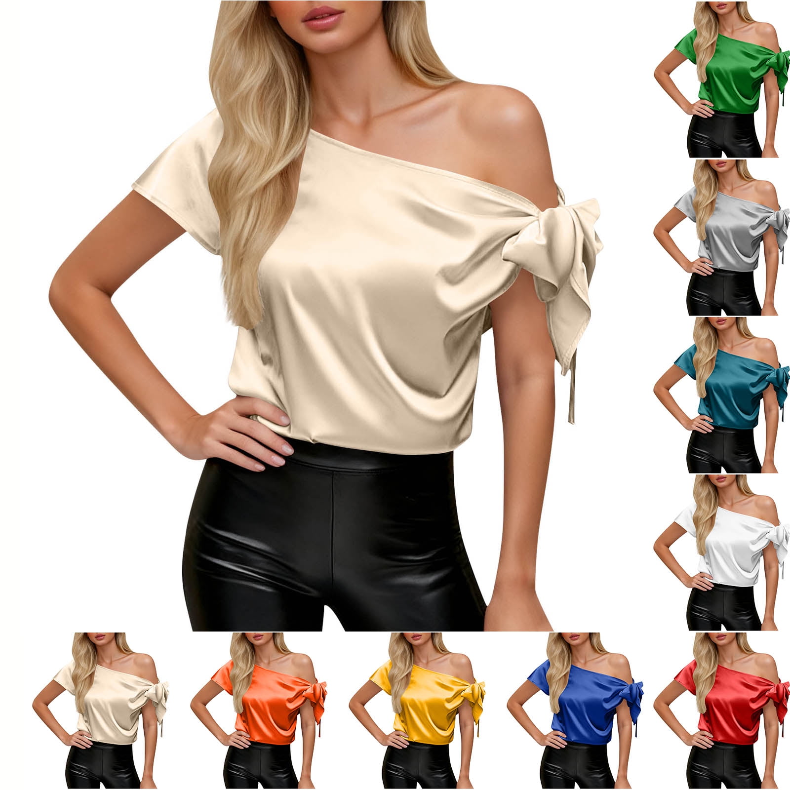 Horkkom Off The Shoulder Tops for Women Short Sleeve Silk Blouse Summer ...