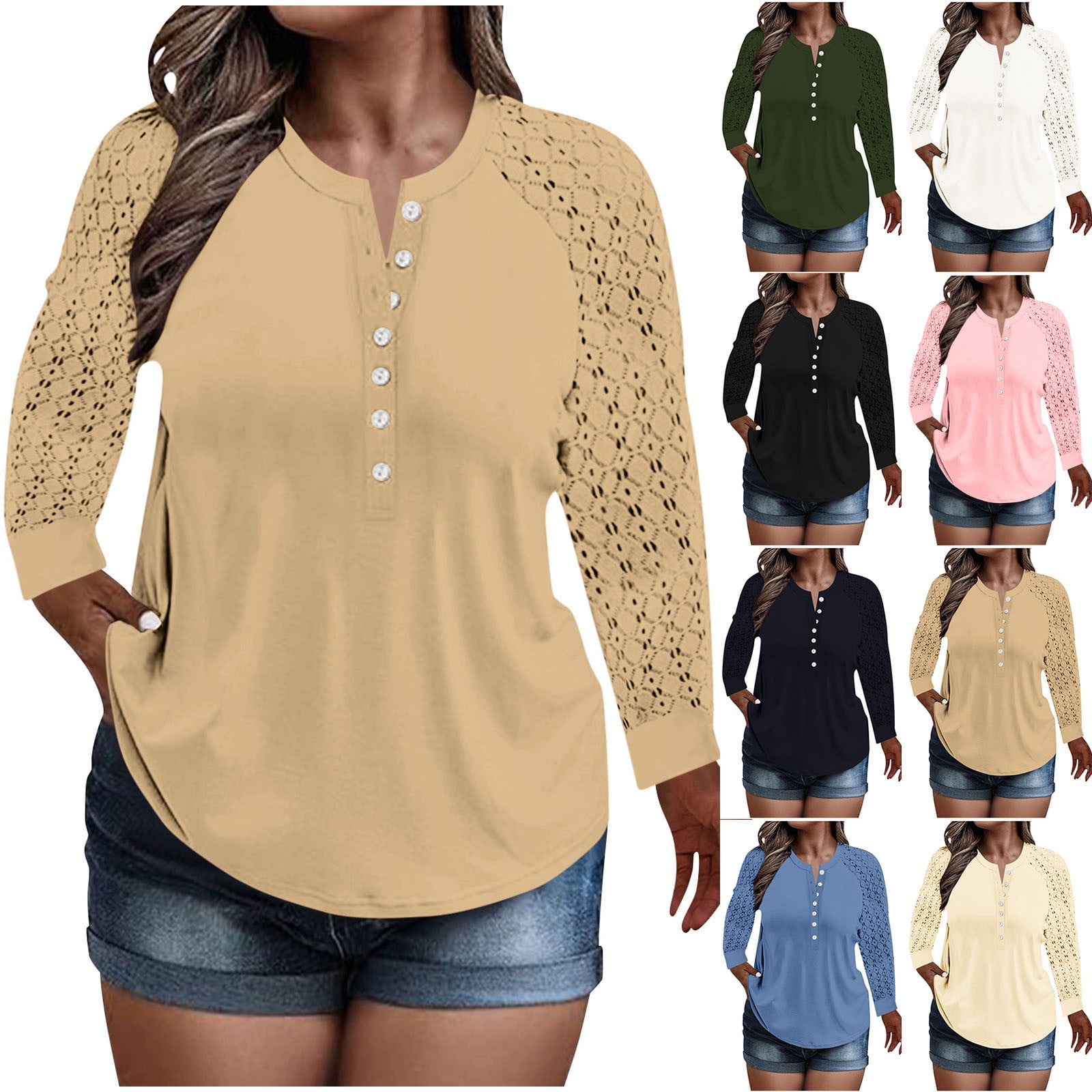Horkkom Plus Size Tops for Women Long Sleeve Lace V Neck Tops Button ...