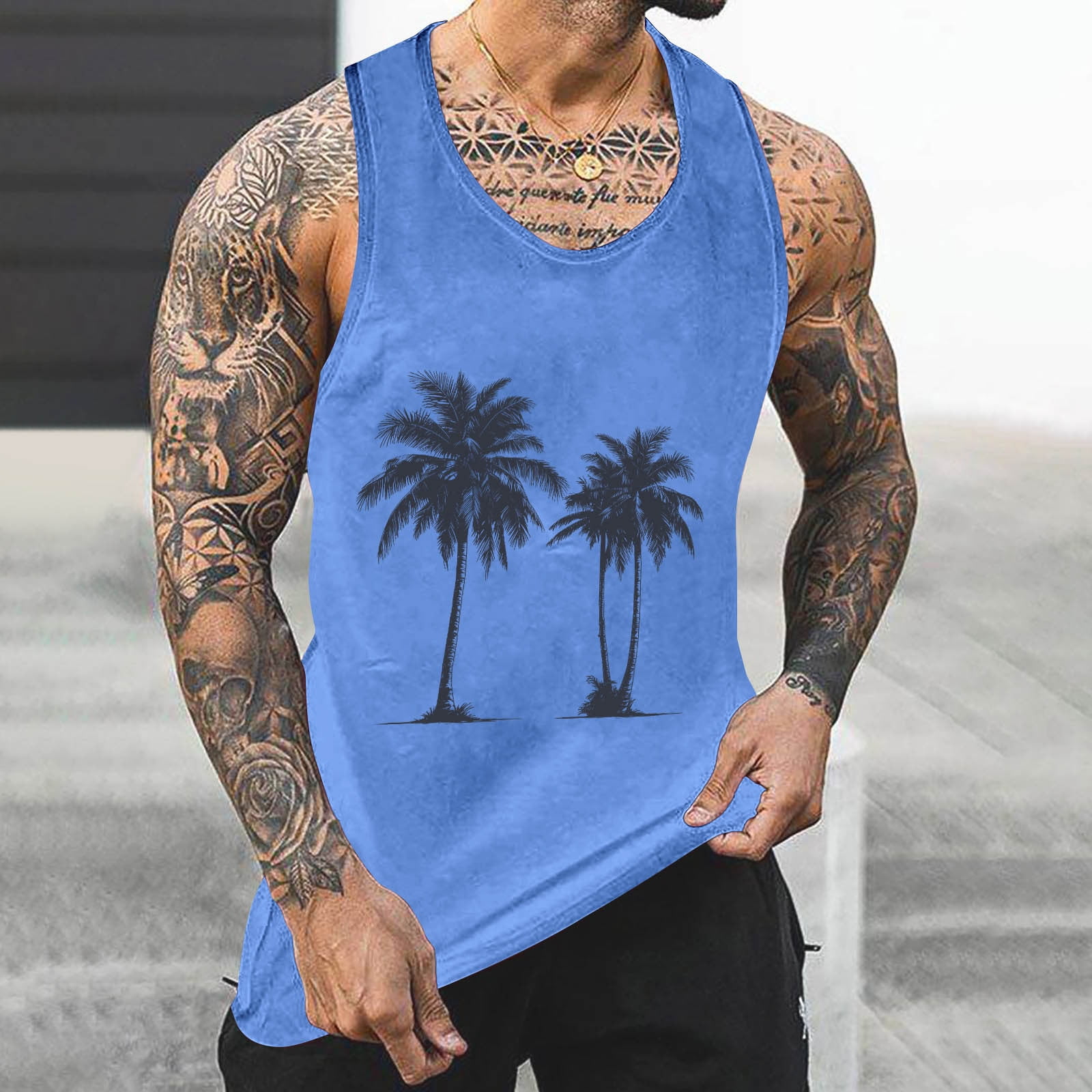 Horkkom Sleeveless Shirts for Men Casual Palm Tree Printed Muscle ...